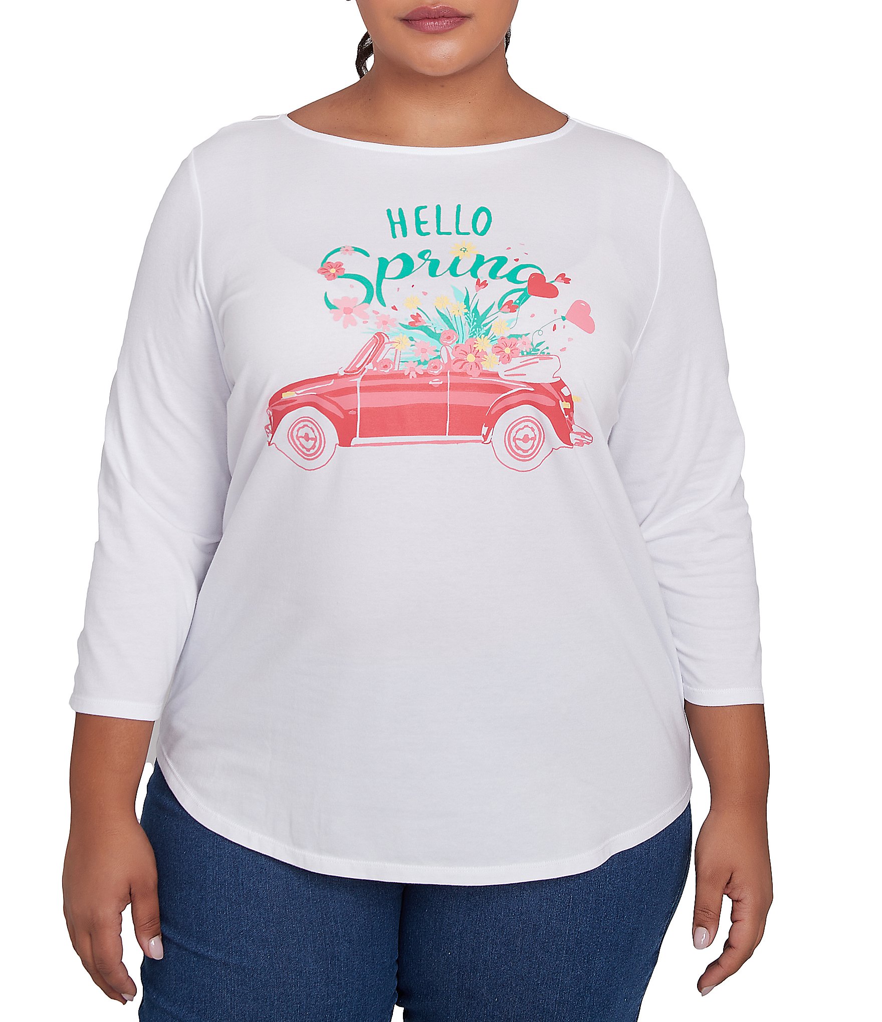 Ruby Rd. Plus Size Knit Hello Spring Floral Print Crew Neck 3/4 Sleeve ...