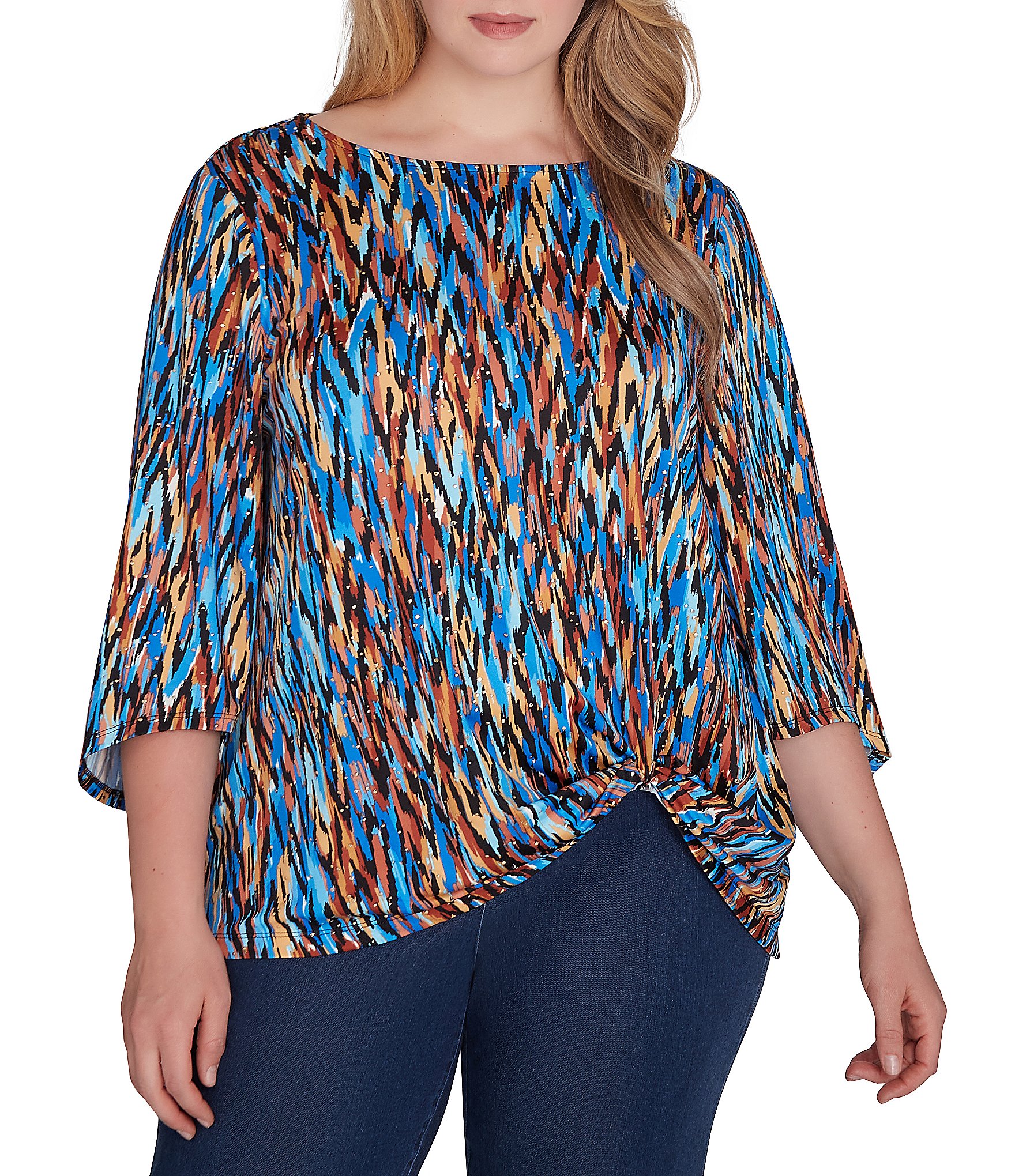Ruby Rd. Plus Size Knit Ikat Print Crew Neck Gathered Front Hem 3/4 ...