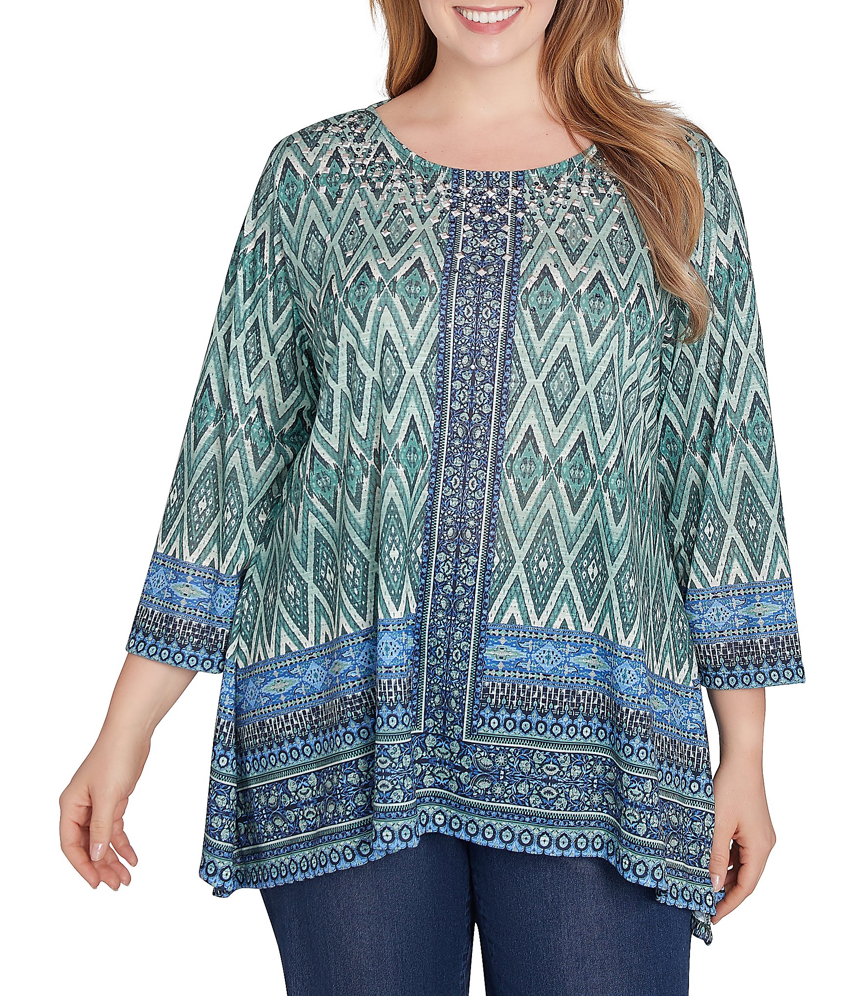 Ruby Rd. Plus Size Knit Mix Pattern Border Print Embellished Scoop Neck ... Ruby Rd. Plus Size Knit Mix Pattern Border Print Embellished Scoop Neck ...