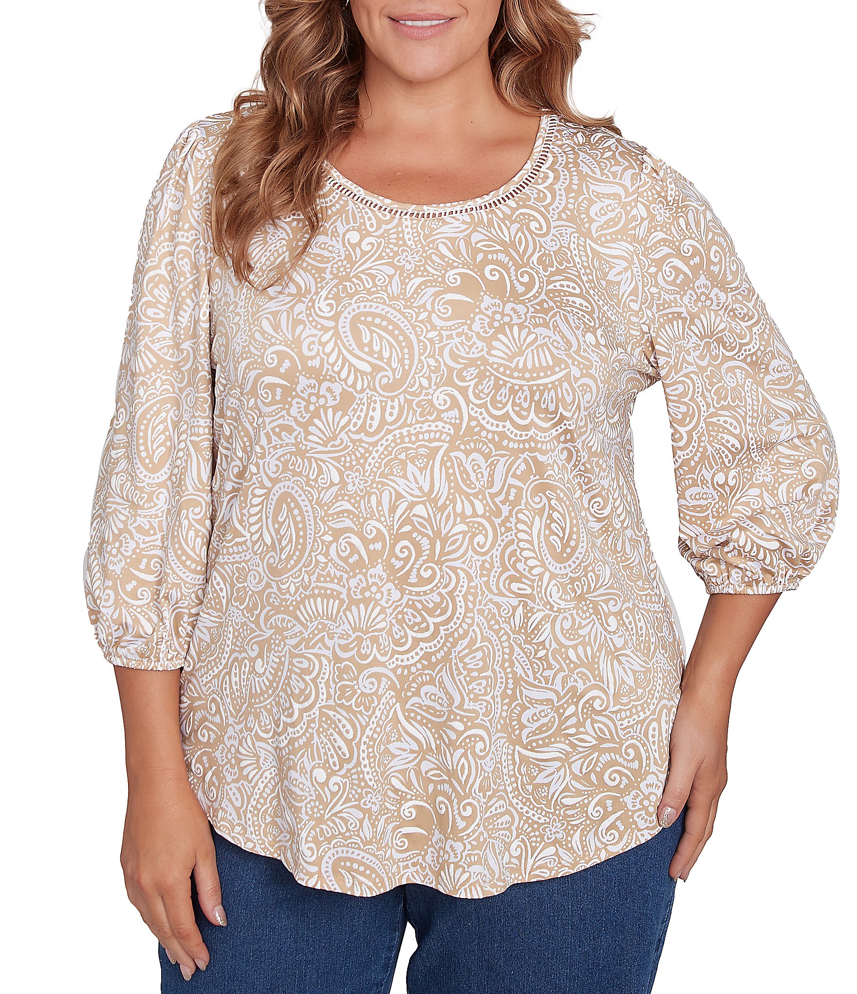 Ruby Rd. Plus Size Knit Mixed Pattern Print Ladder Stitch Scoop Neck 3/ ...