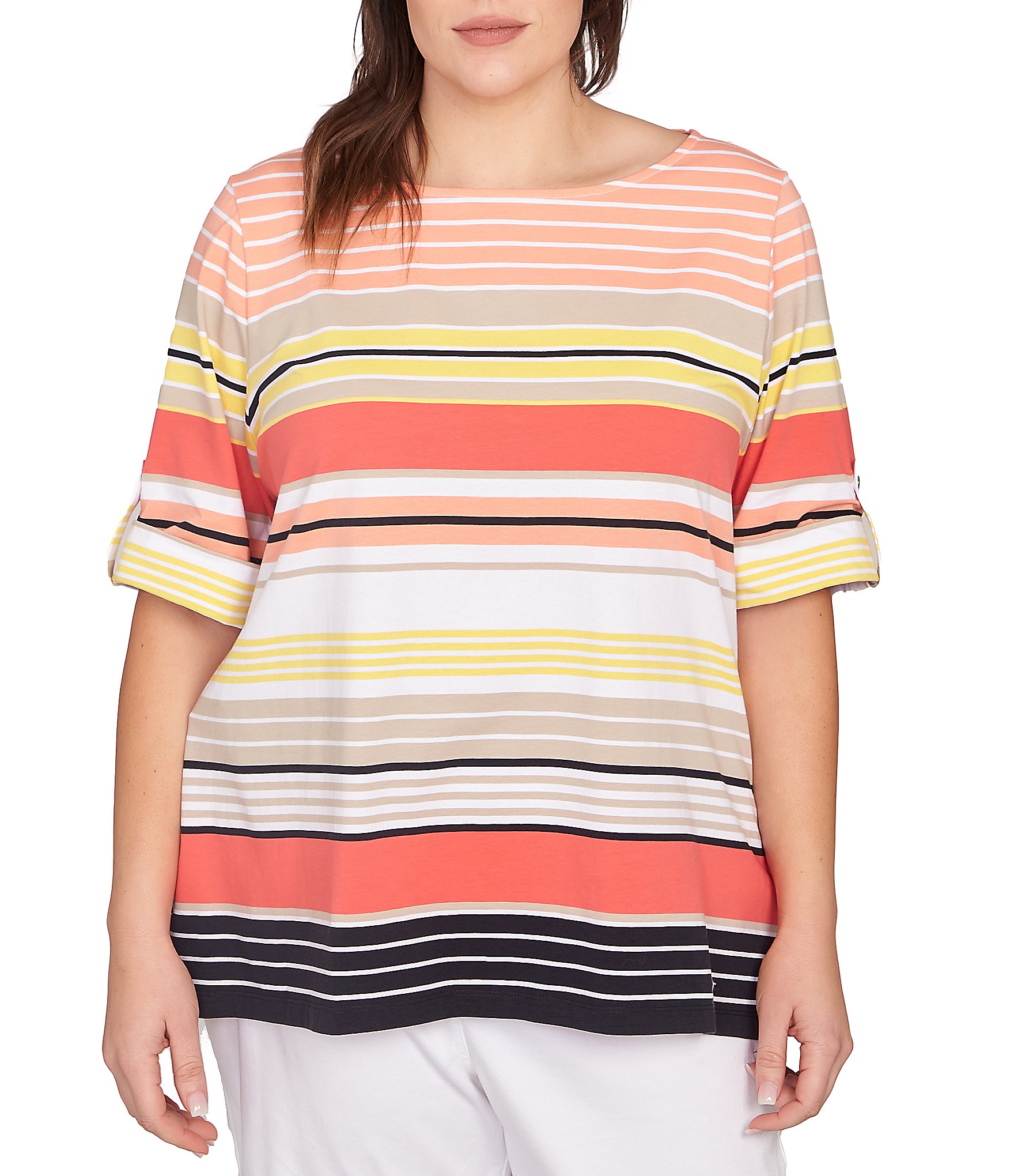 Ruby Rd. Plus Size Knit Multi Stripe Boat Neck Short Roll-Tab Sleeve ...