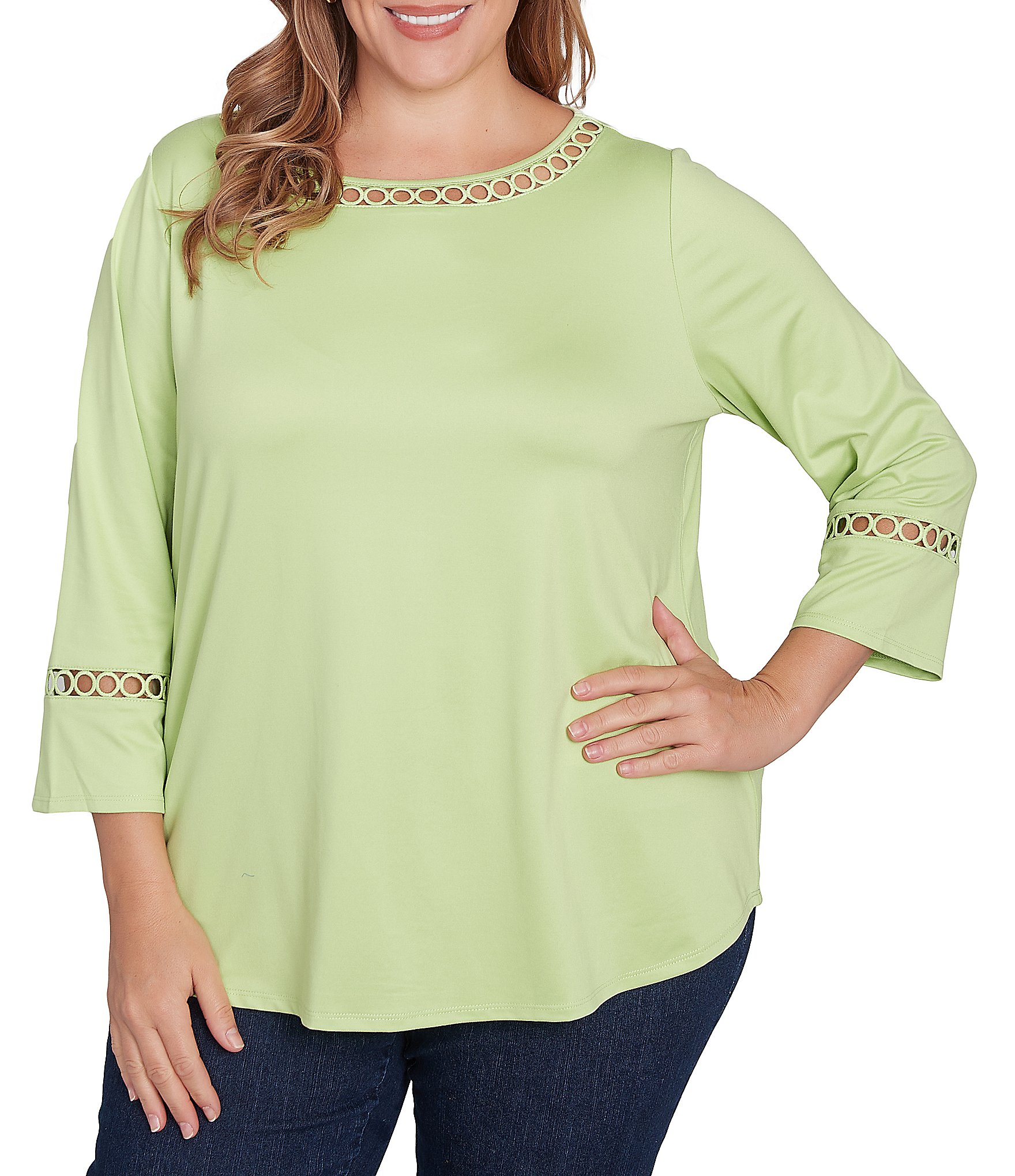 Ruby Rd. Plus Size Knit Open Threaded Trim Scoop Neck 3/4 Sleeve Top ...