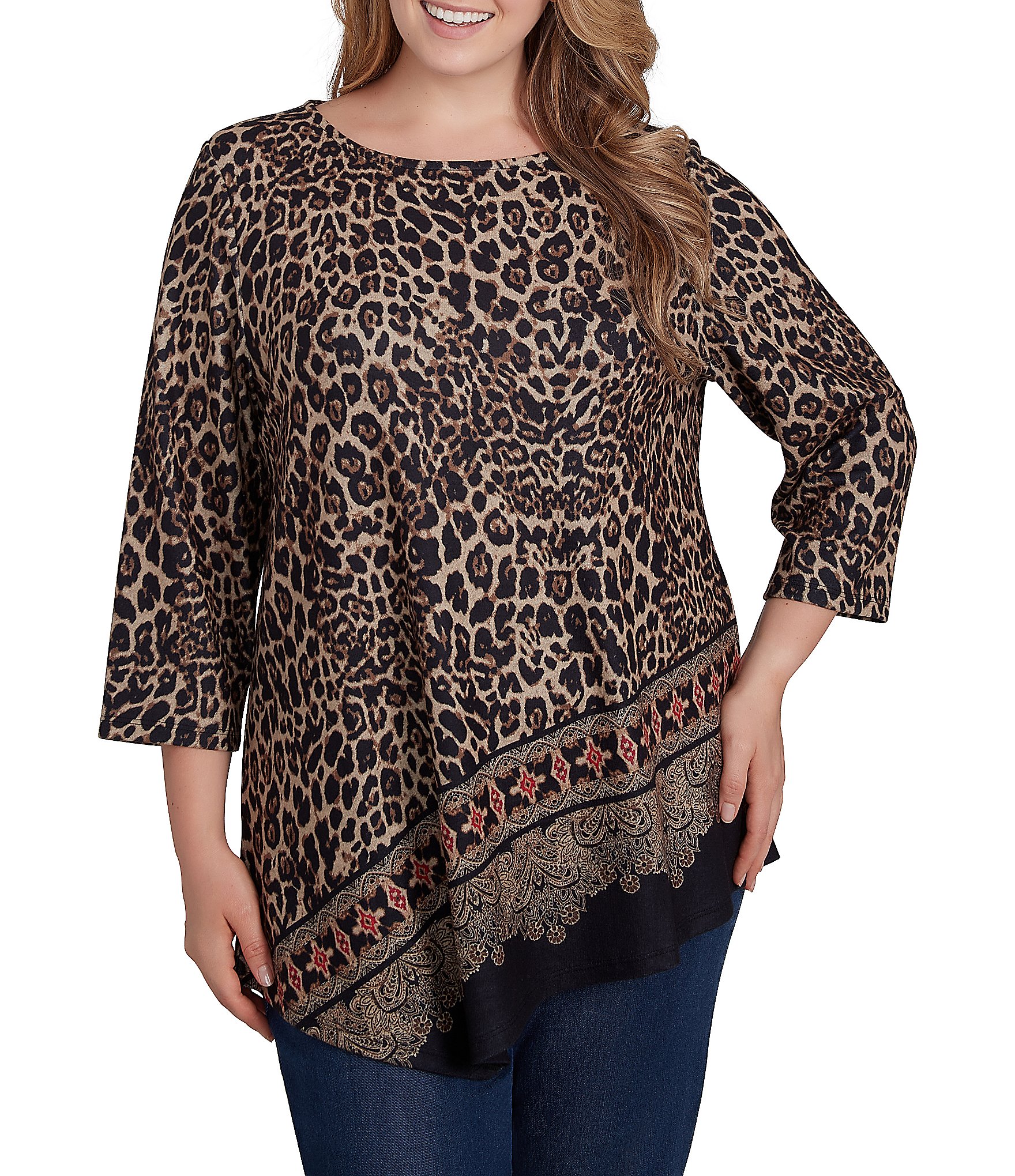 Ruby Rd. Plus Size Knit Leopard Paisley Border Print Ballet Neck 3/4 ...