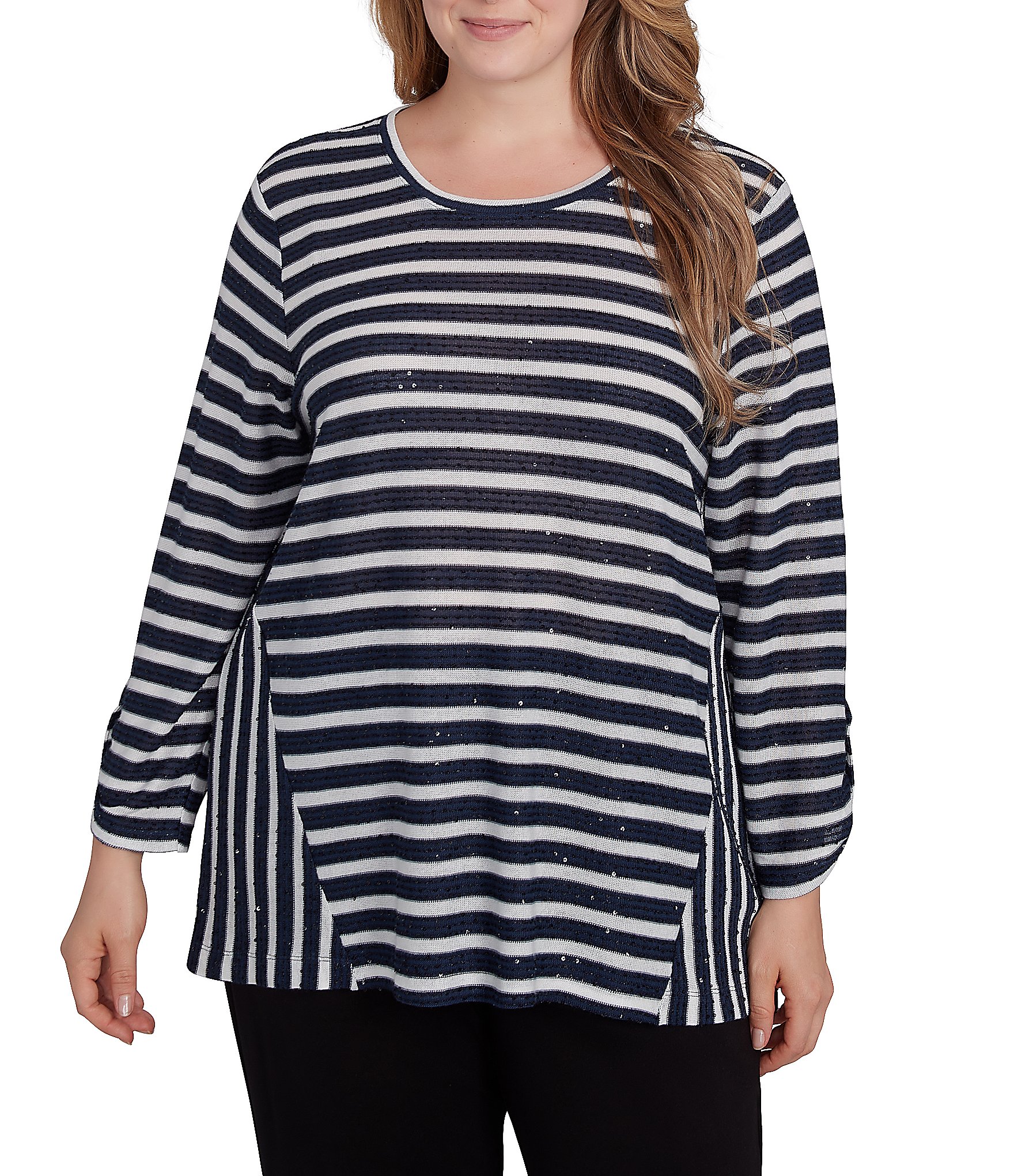 Ruby Rd. Plus Size Knit Sequin Stripe Scoop Neck Long Sleeve Top ...