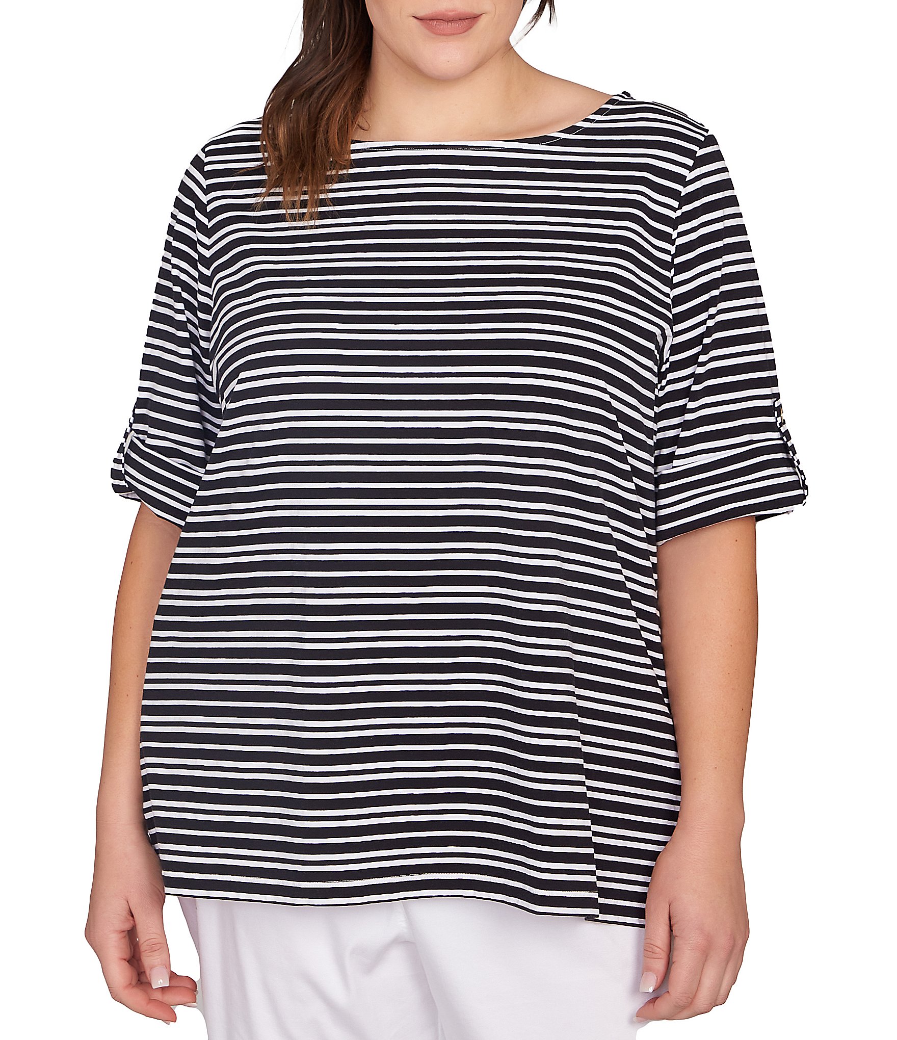 Ruby Rd. Plus Size Knit Stripe Boat Neck Short Roll-Tab Sleeve Top ...