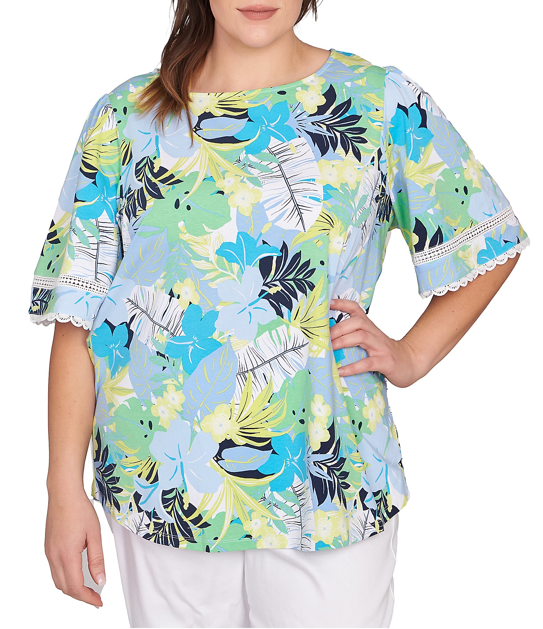 Ruby Rd. Plus Size Knit Tropical Print Scoop Neck Short Sleeve Tee ...