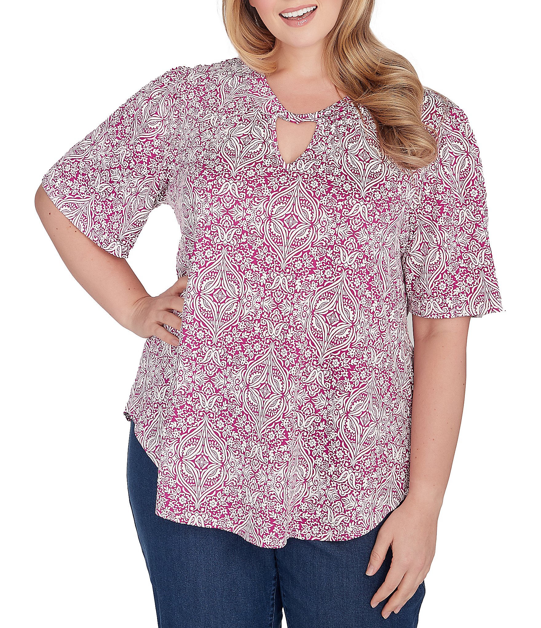 Ruby Rd Plus Size Medallion Print Knit Keyhole Neck Short Sleeve Top