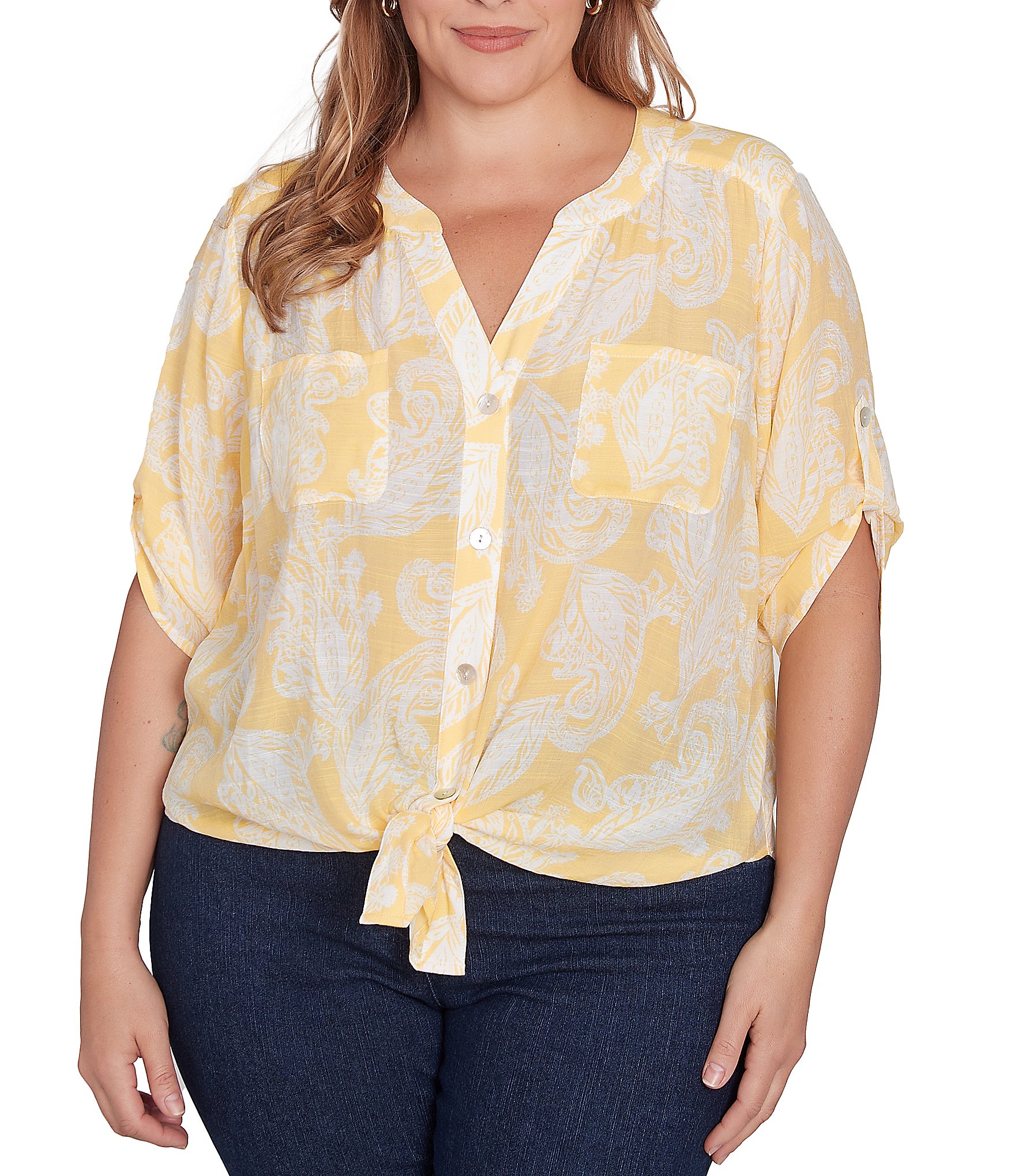 Ruby Rd. Plus Size Paisley Woven Split V-Neck Elbow Length Roll-Tab ...