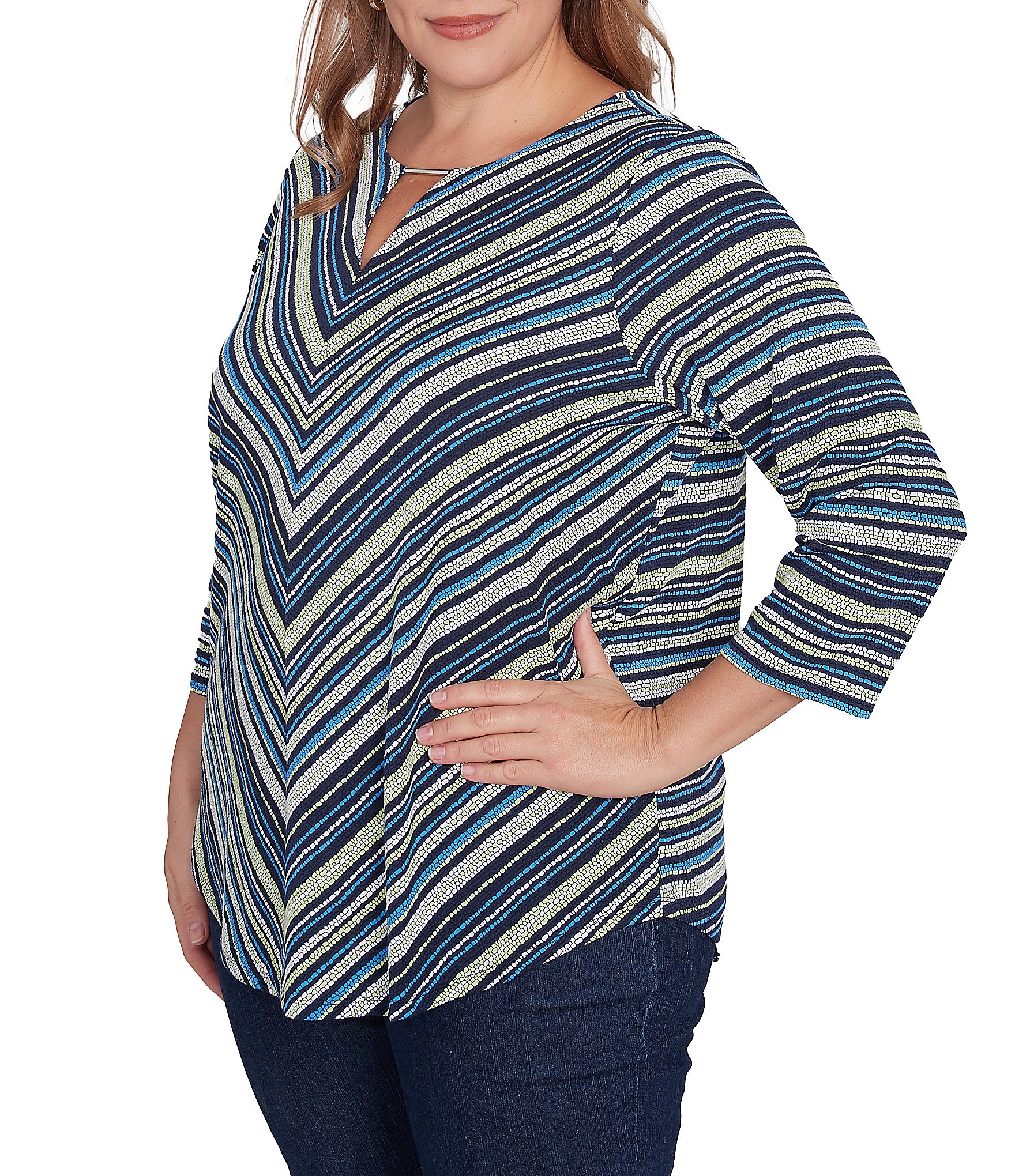 Ruby Rd. Plus Size Pebble Stripe Keyhole Neck 3/4 Sleeve Top | Dillard's