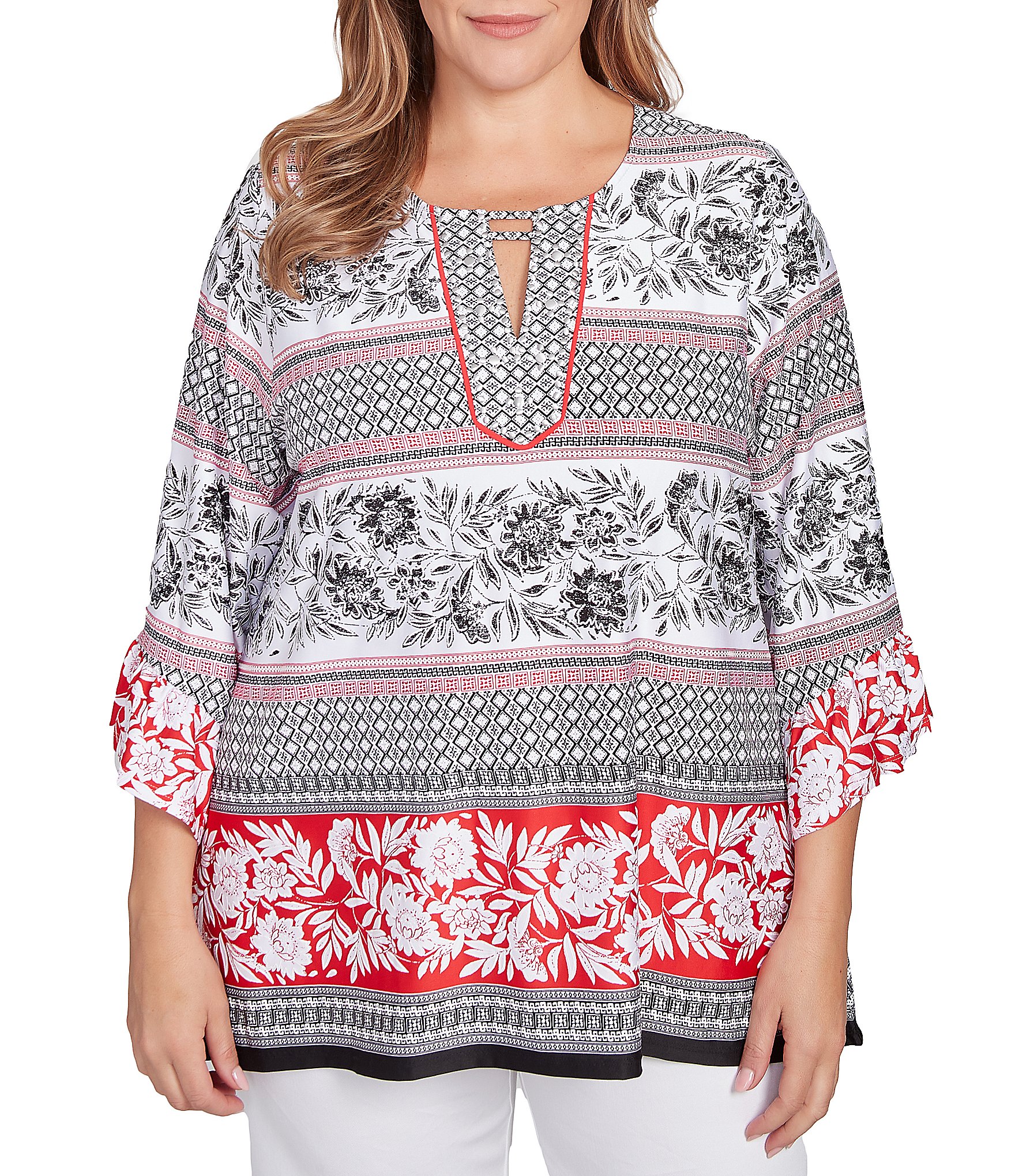 Ruby Rd. Plus Size Printed Embellished Keyhole Neck 3/4 Ruffle Sleeve ...
