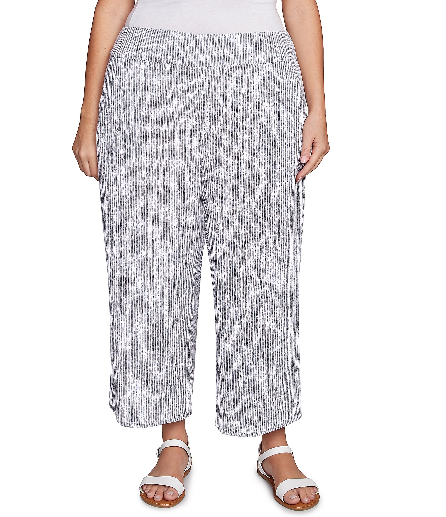 Ruby Rd. Plus Size Puckered Stripe Knit Wide Leg Pull-On Pants | Dillard's