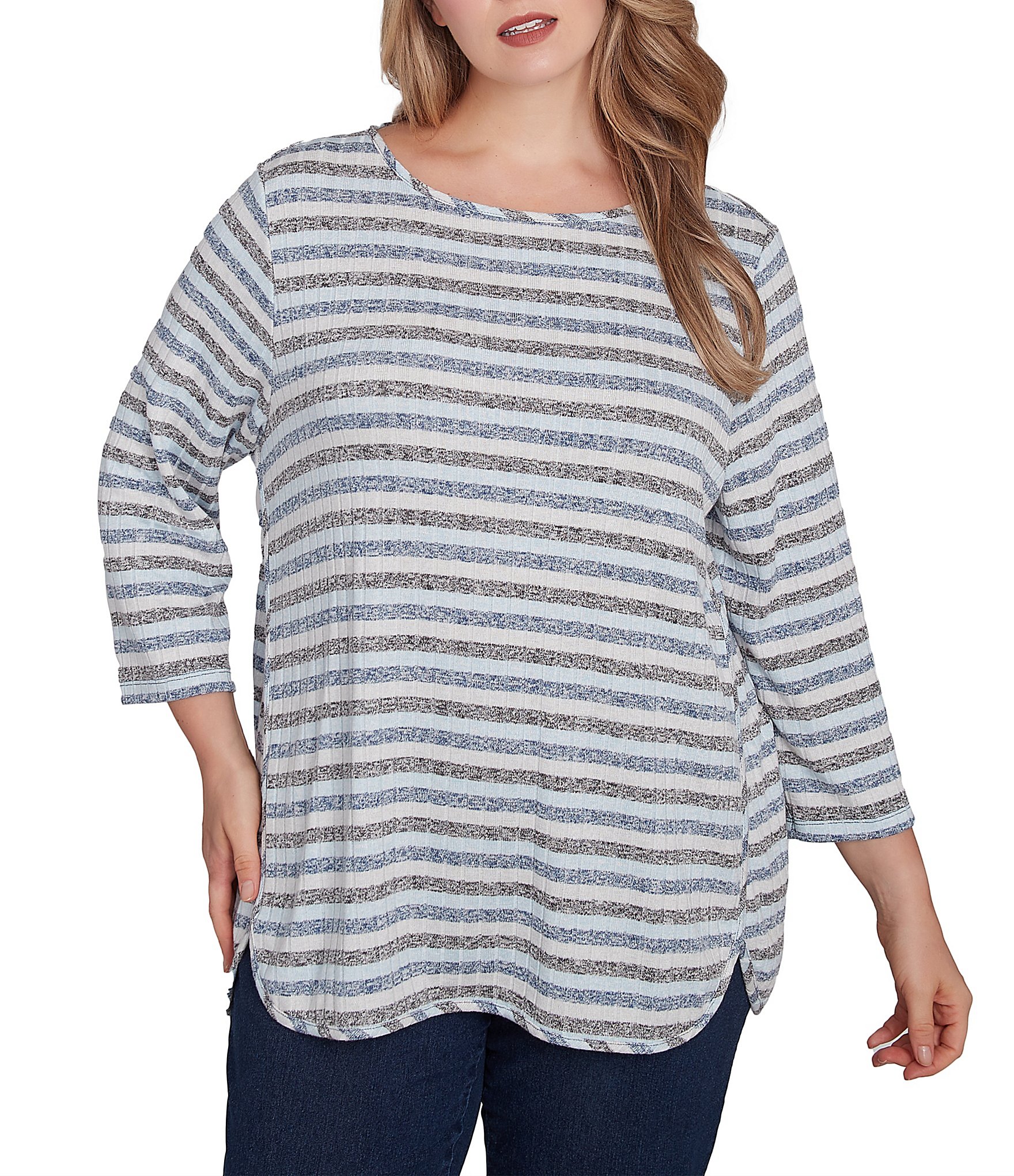 Ruby Rd. Plus Size Ribbed Knit Stripe Boat Neck 3/4 Sleeve Top | Dillard's