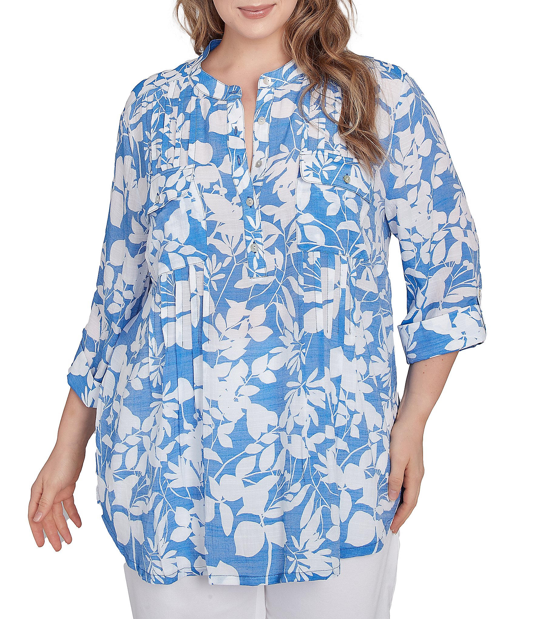 Ruby Rd. Plus Size Silky Gauze Printed Banded Neck 3/4 Roll-Tab Sleeve ...
