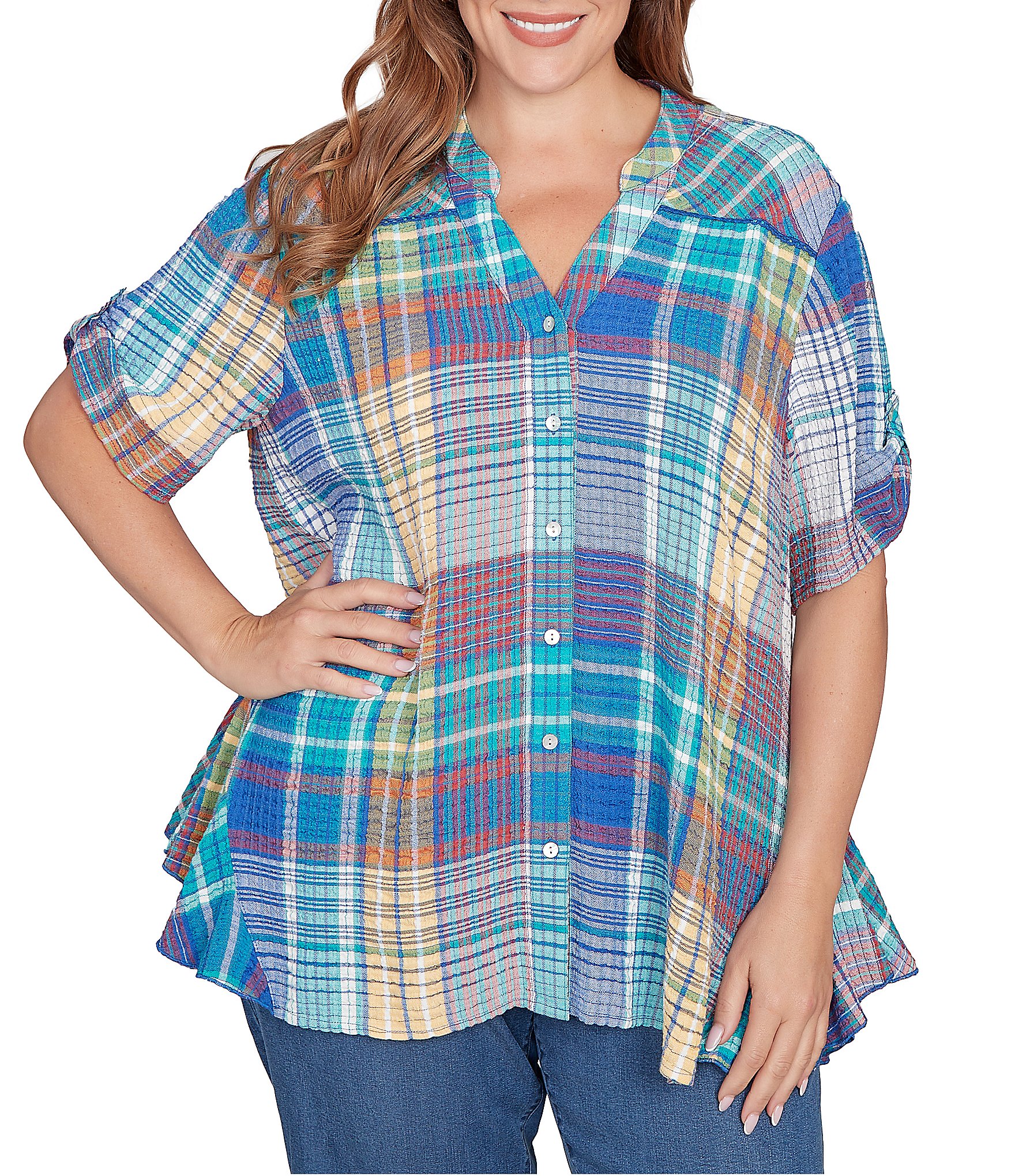 Ruby Rd. Plus Size Soft Crinkle Plaid Y-Neck Short Button-Tab Sleeve ...
