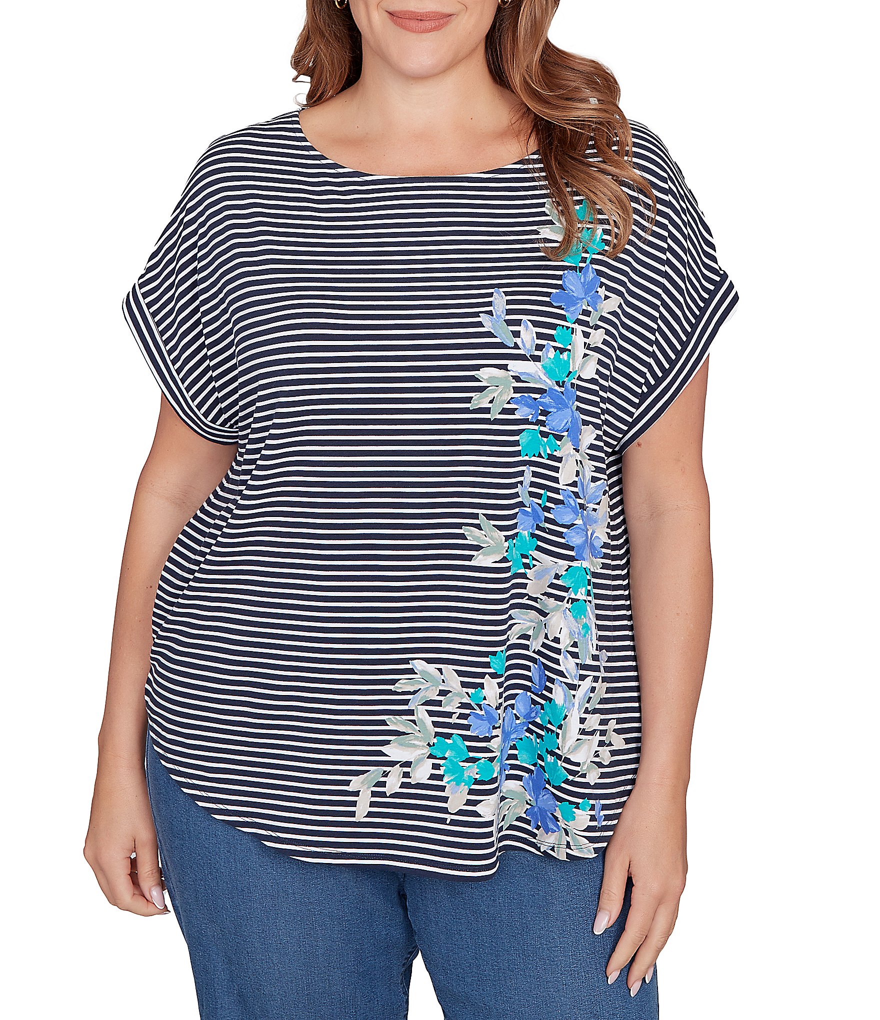 Ruby Rd. Plus Size Soft Jersey Knit Floral Stripe Boat Neck Short Cuff ...