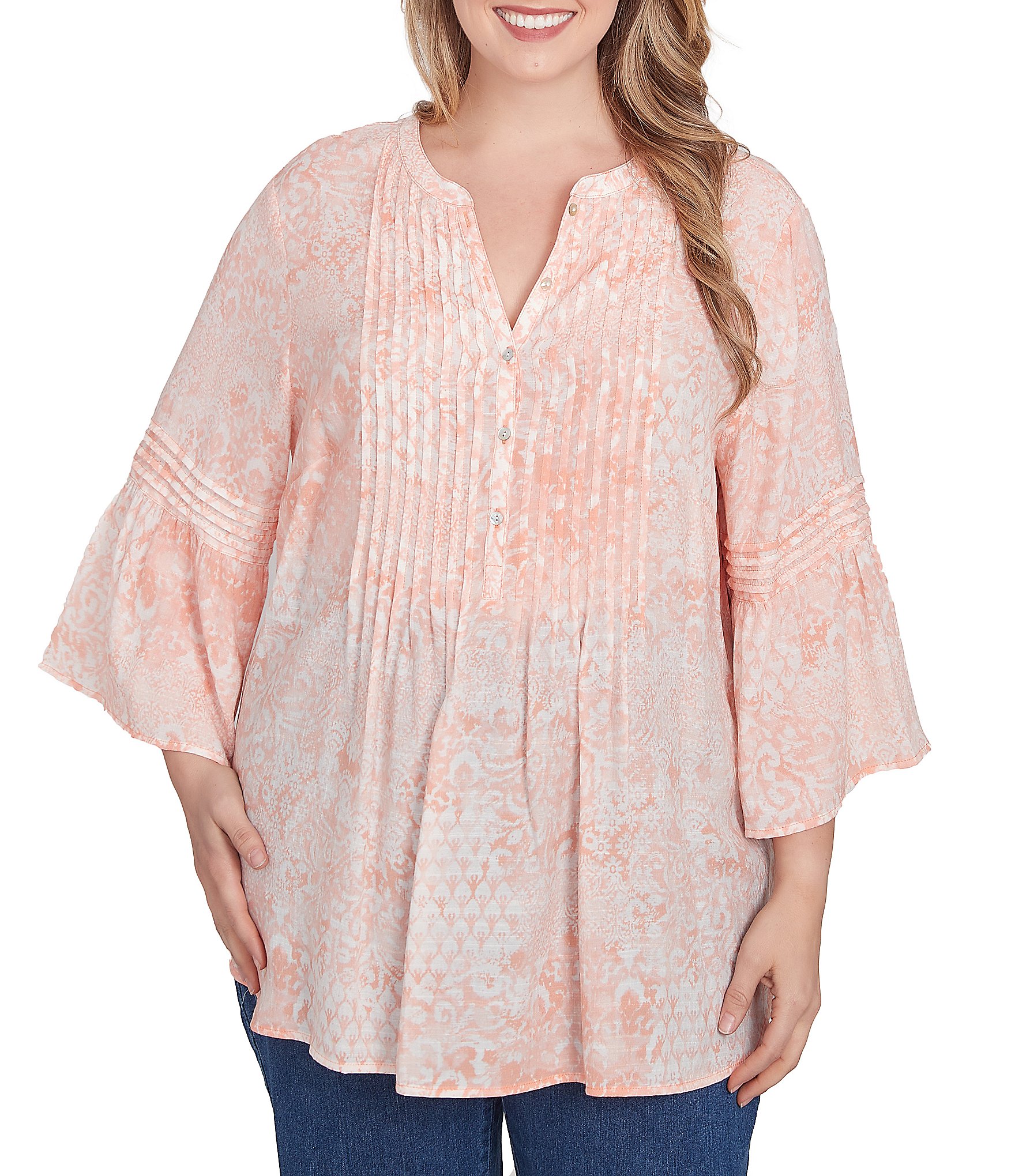 Ruby Rd. Plus Size Soft Silky Slub Patchwork Band V-Neck 3/4 Bell ...