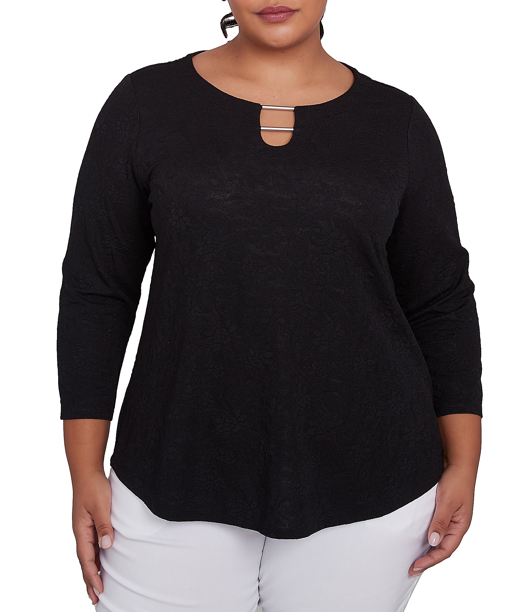 Ruby Rd. Plus Size Solid Paisley Floral Textured Knit Double Bar Detail ...