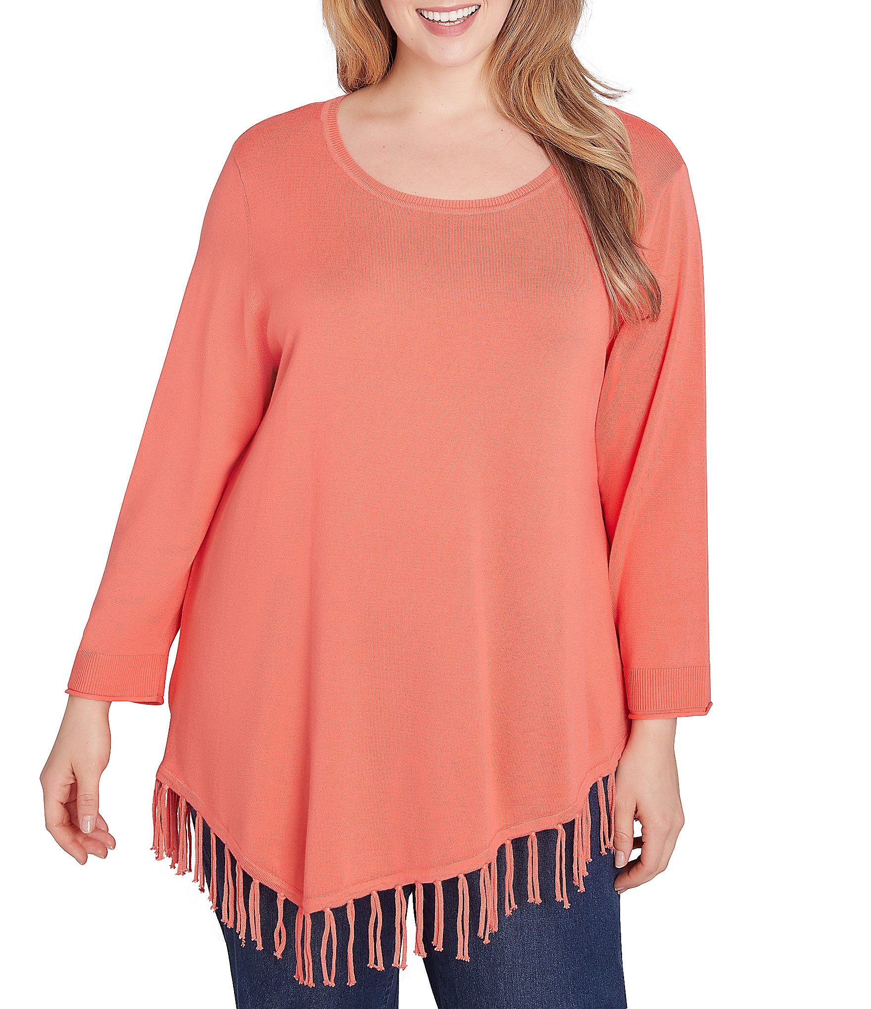 Ruby Rd. Plus Size Solid Scoop Neck Long Sleeve Fringed Asymmetric Hem ...