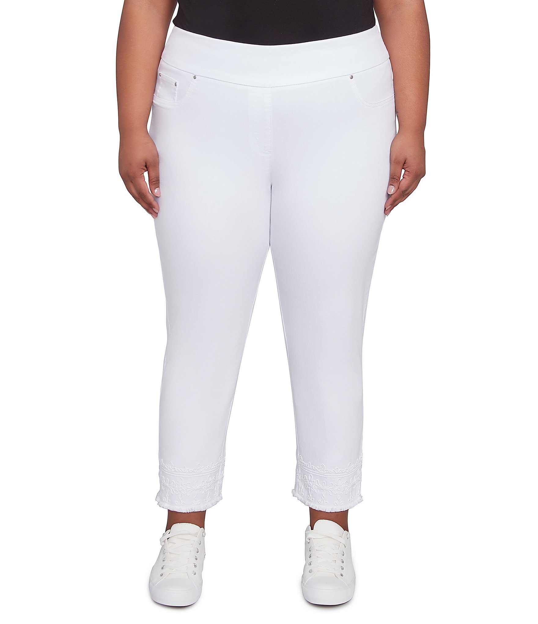 Ruby Rd. Plus Size Straight Leg Embroidered Frayed Hem Pull-On Ankle ...