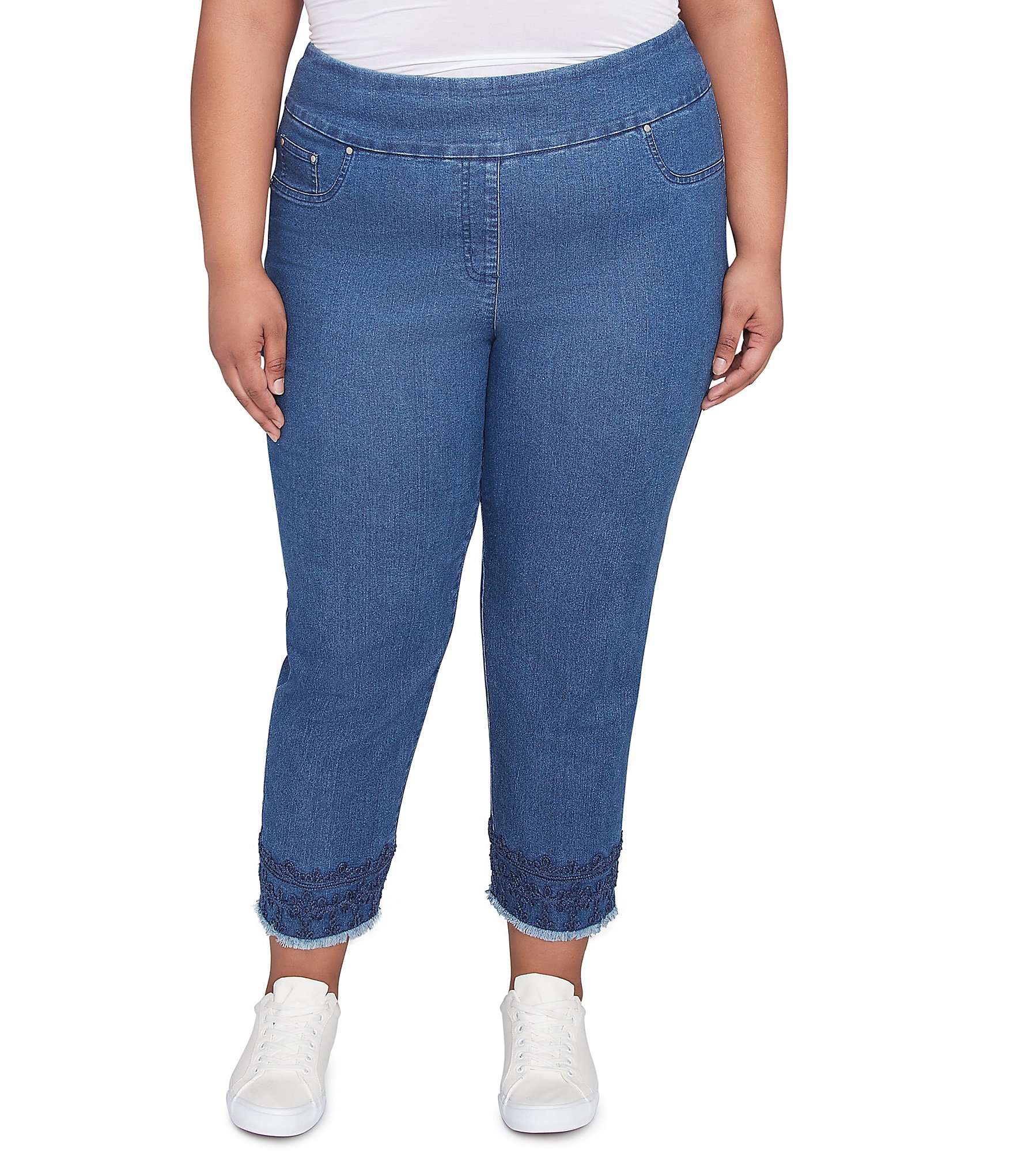 Ruby Rd. Plus Size Straight Leg Embroidered Frayed Hem Pull-On Ankle ...