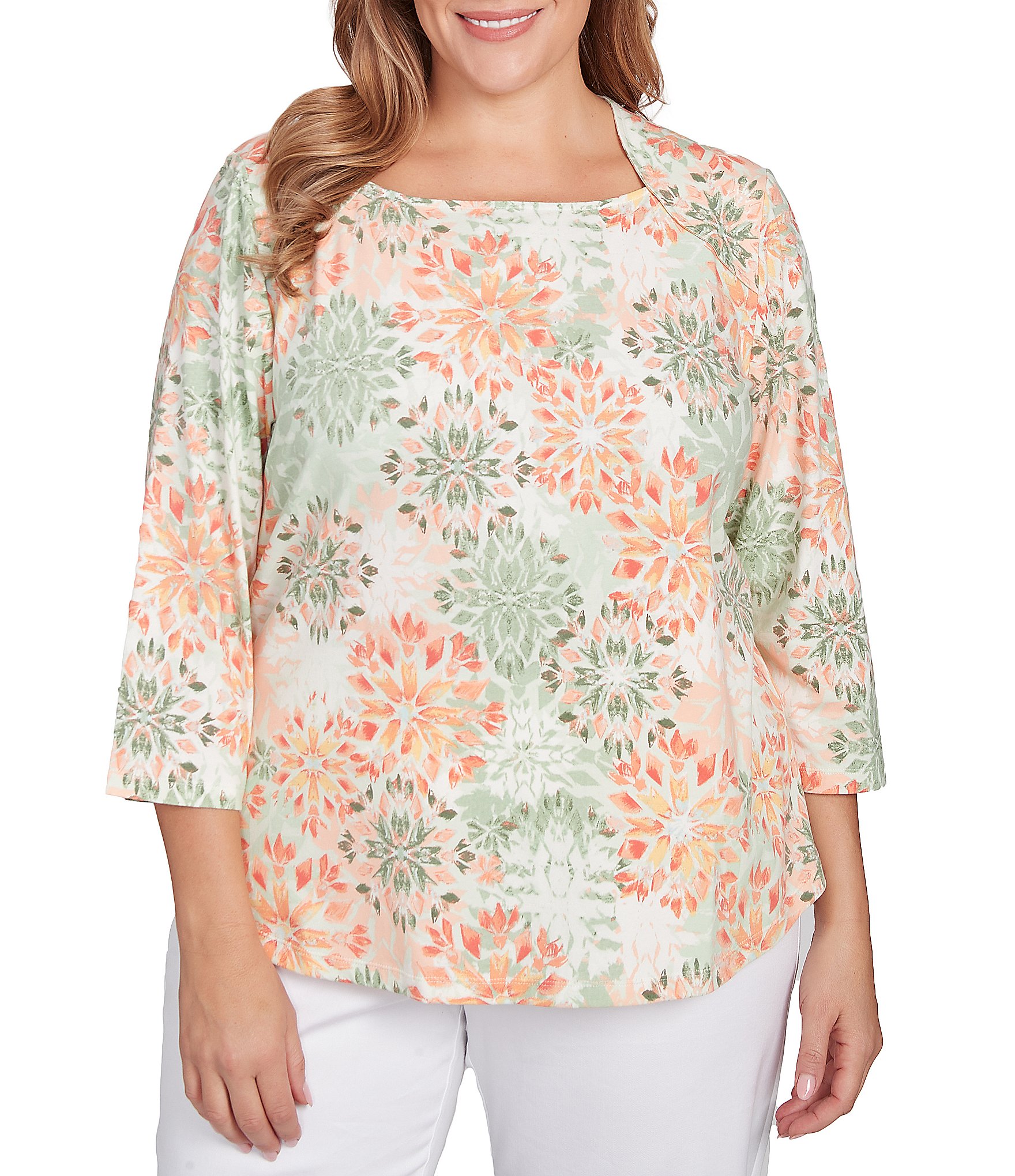 Ruby Rd. Plus Stretch Cotton Jersey Floral Envelope Neck 3/4 Sleeve Top ...