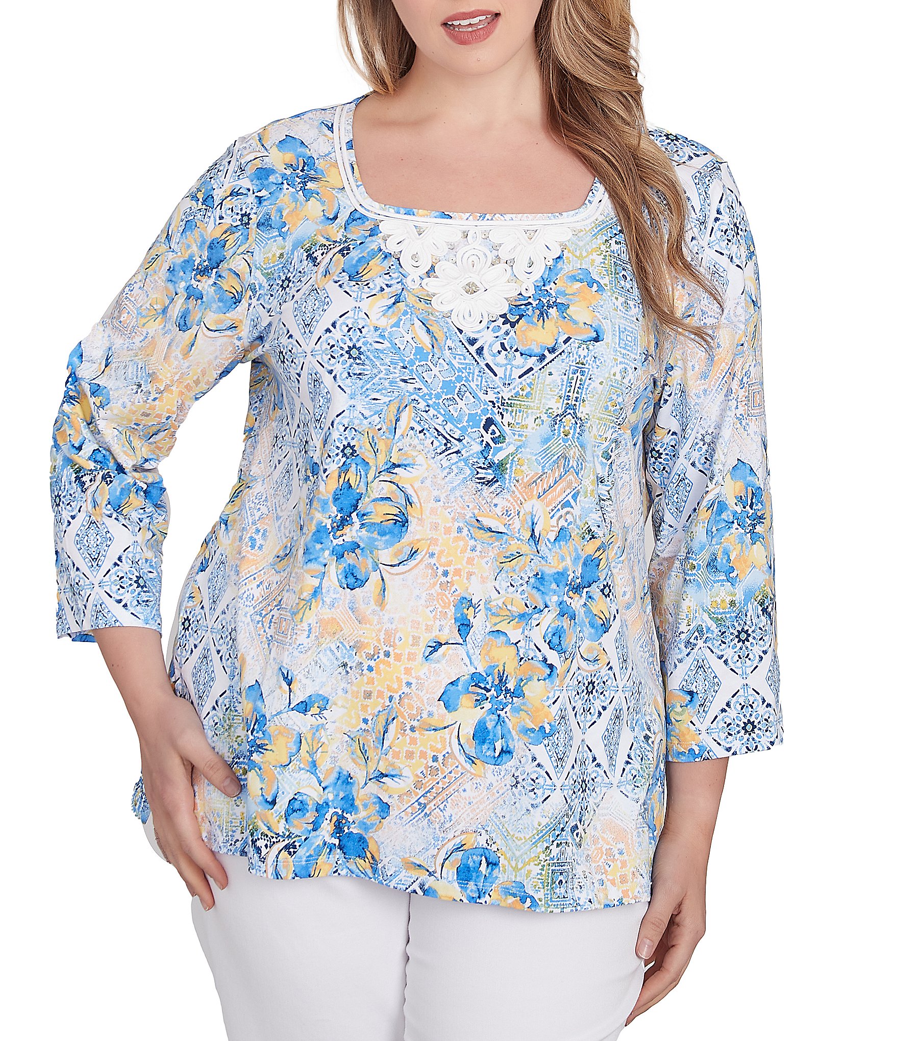 Ruby Rd. Plus Size Stretch Knit Watercolor Mixed Print Square Neck 3/4 ...