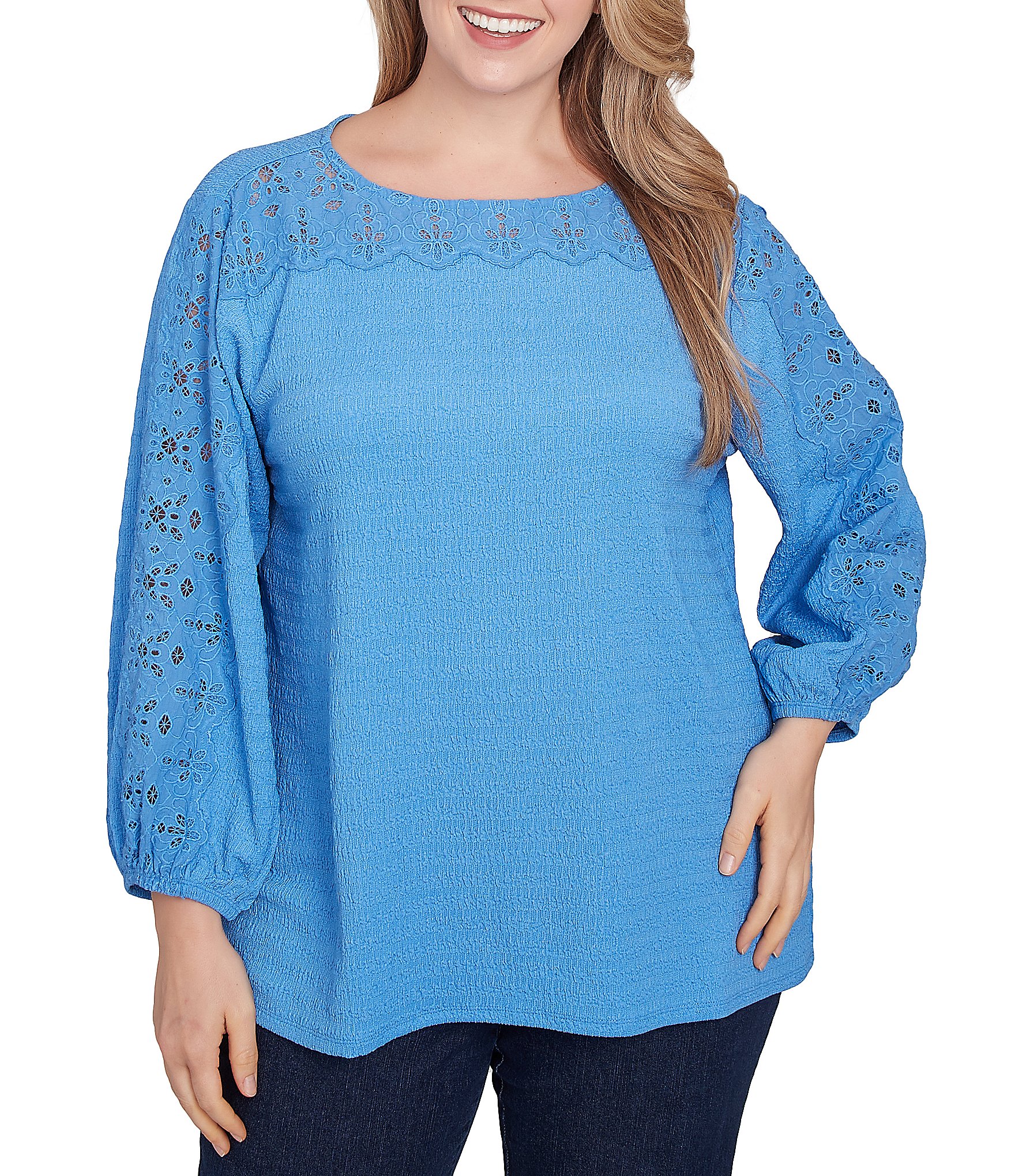 Ruby Rd. Plus Size Textured Eyelet Trim Boat Neck Bracelet Length ...