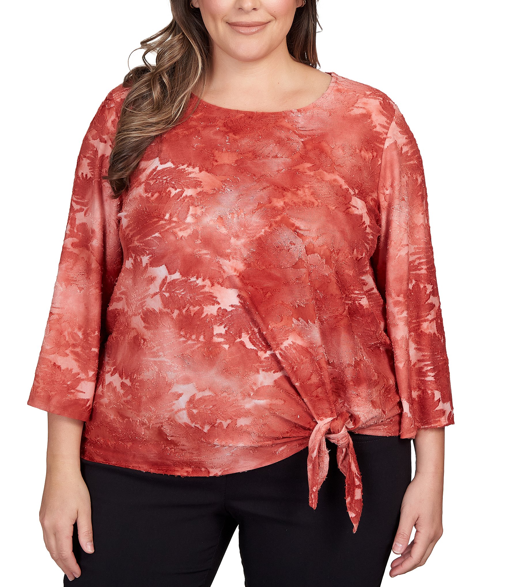 Ruby Rd Plus Size Tropical Print 3 4 Bell Sleeve Side Tie Hem Knit Top
