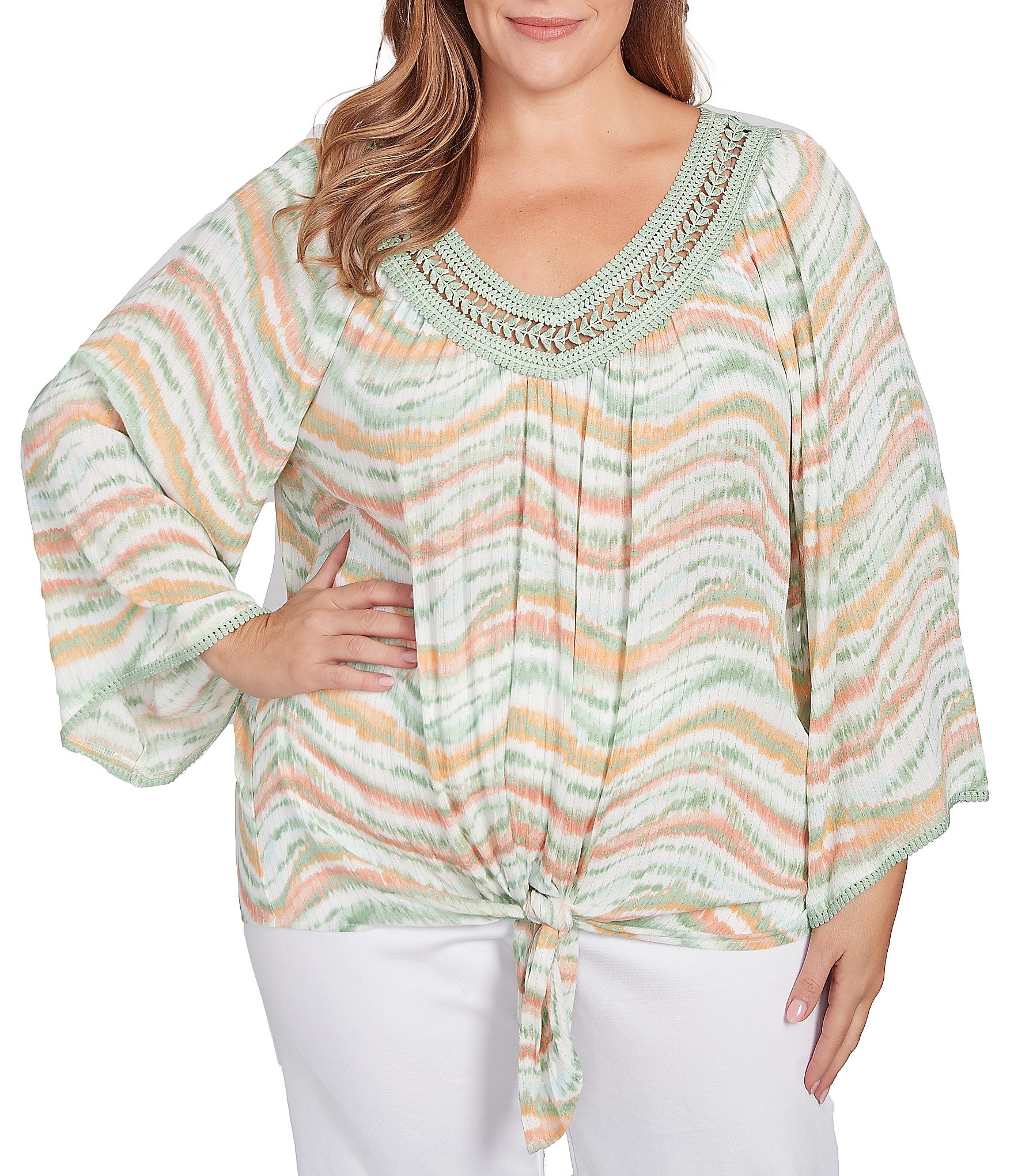 Ruby Rd. Plus Size Wavy Stripe Metallic Details Lace Embellished Scoop ...