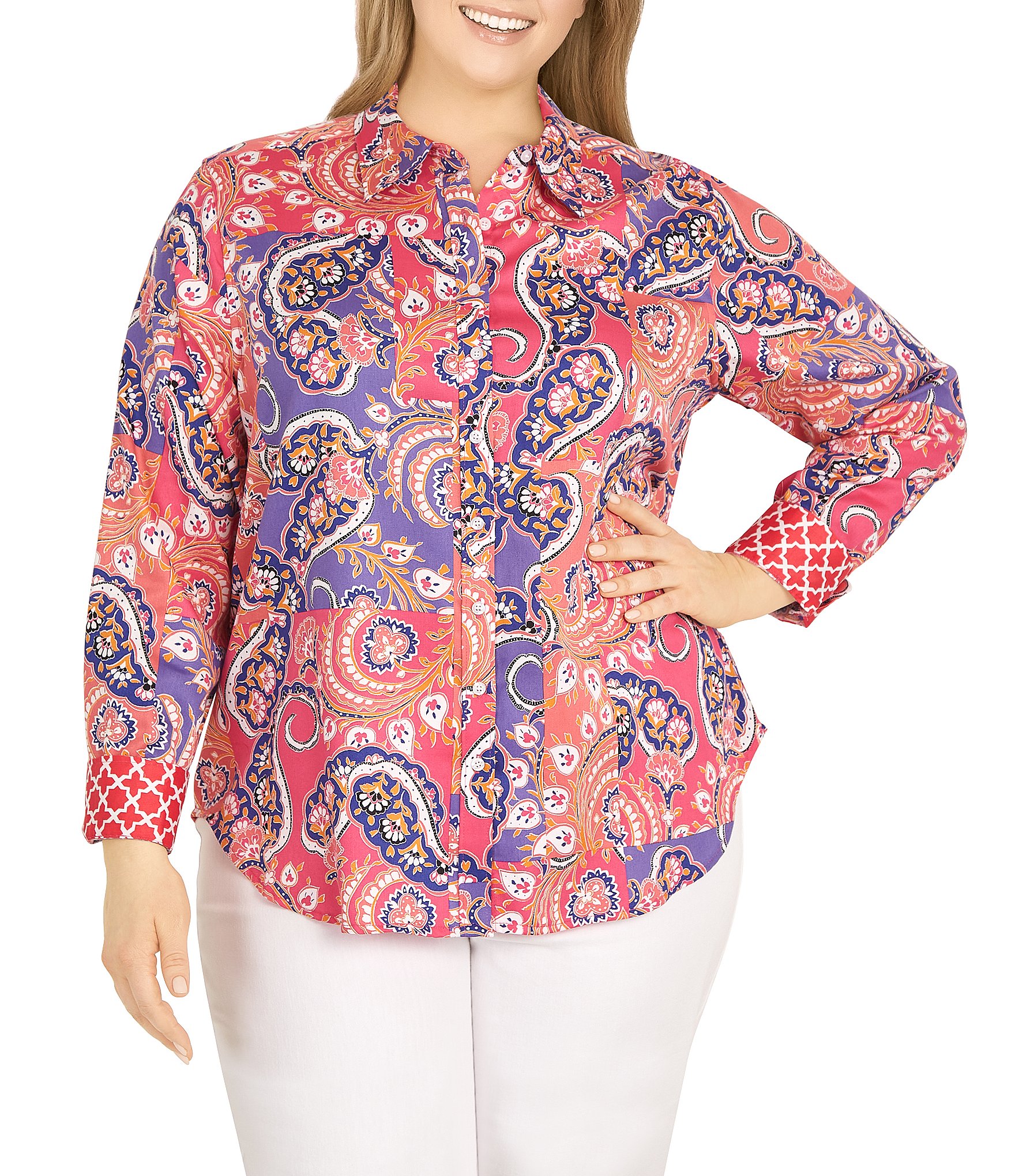 Ruby Rd Plus Size Wrinkle Resistant Paisley Print Point Collar Long