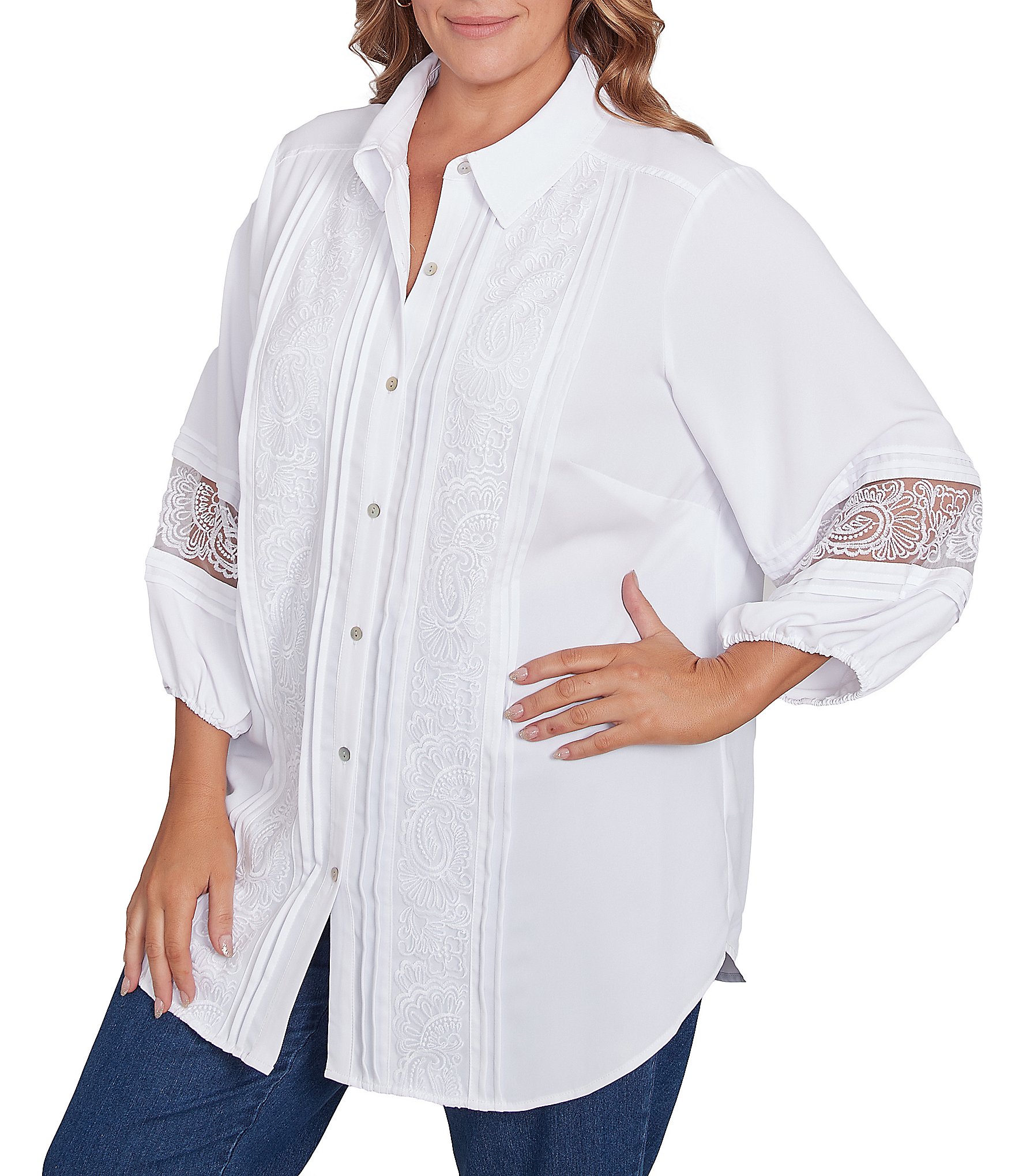 Ruby Rd. Plus Size Woven Point Collar 3/4 Lace Inset Sleeve Button-Front Top | Dillard's