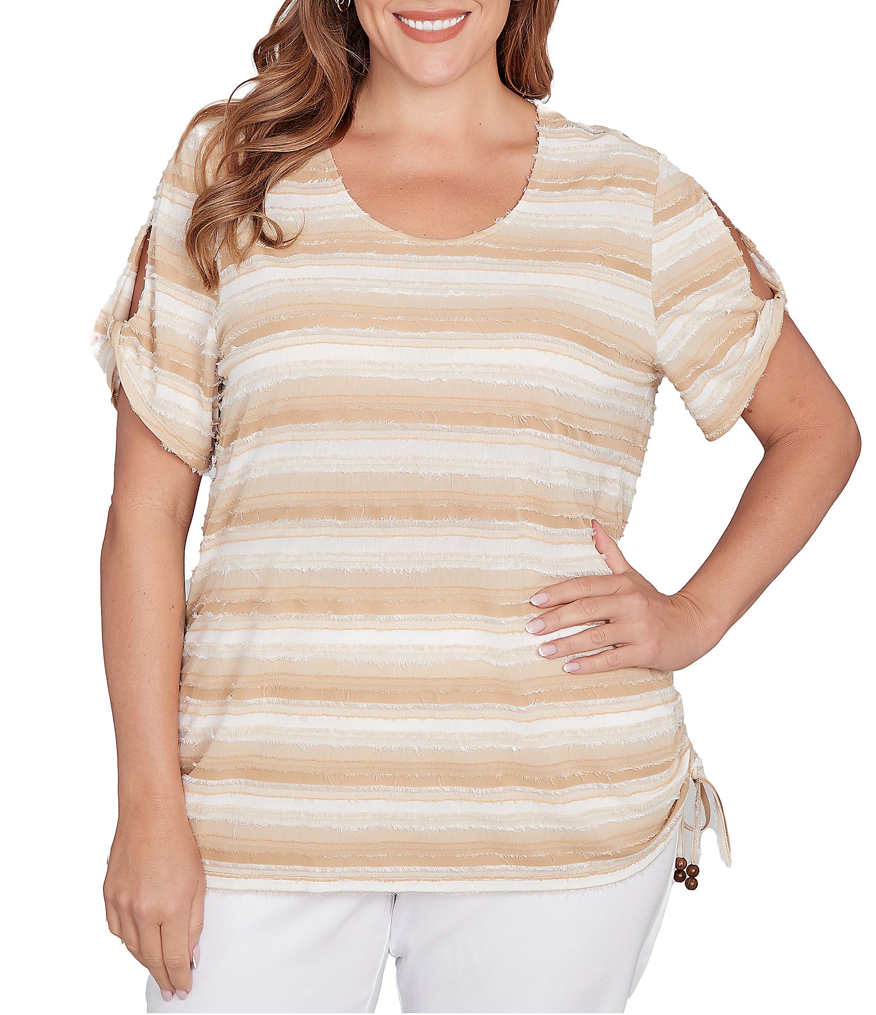Ruby Rd. Plus Size Yarn-Dyed Knit Stripe Scoop Neck Short Sleeve Side ...