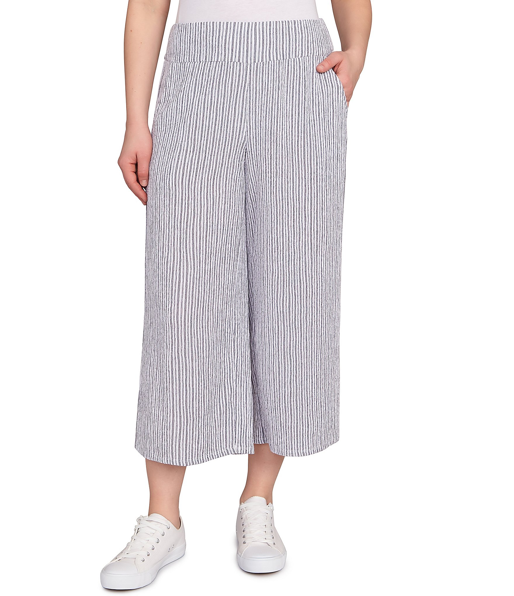 Ruby Rd. Puckered Stripe Knit Wide Leg Pull-On Pants | Dillard's