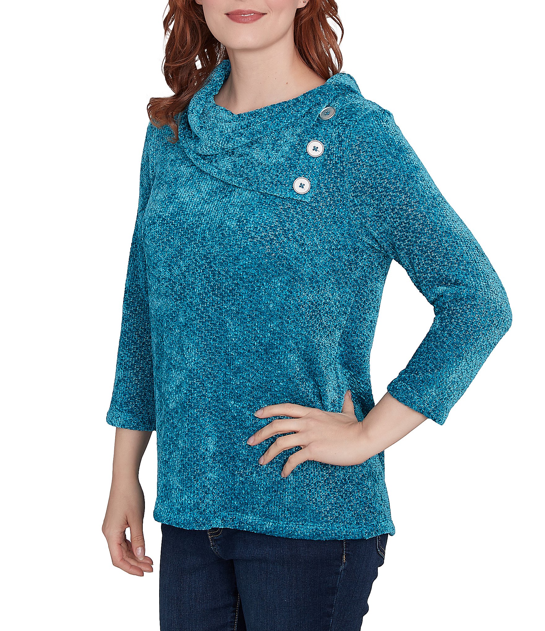 Ruby Rd. Sequin Chenille Knit Cowl Asymmetrical Neck 3/4 Sleeve Sweater ...