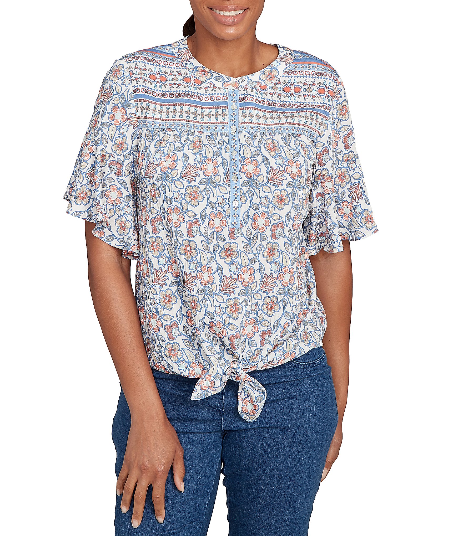 Ruby Rd. Silky Voile Printed Round Neck Short Flutter Sleeve Tie-Front ...