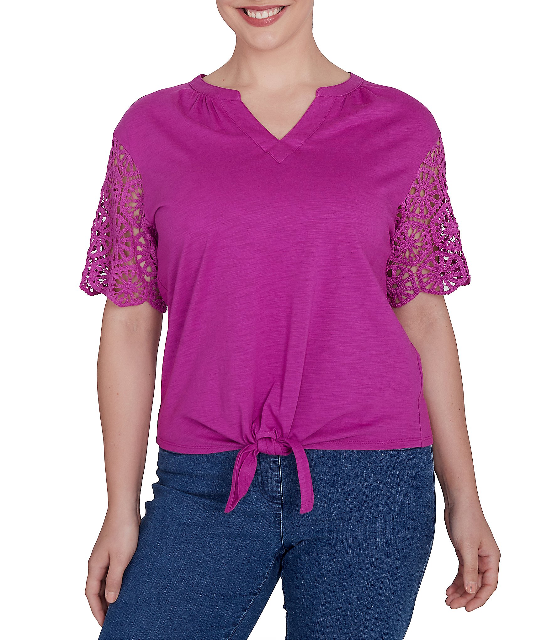 Ruby Rd. Solid Knit Split Neck Short Crochet Sleeve Tie-Front Tee Shirt ...