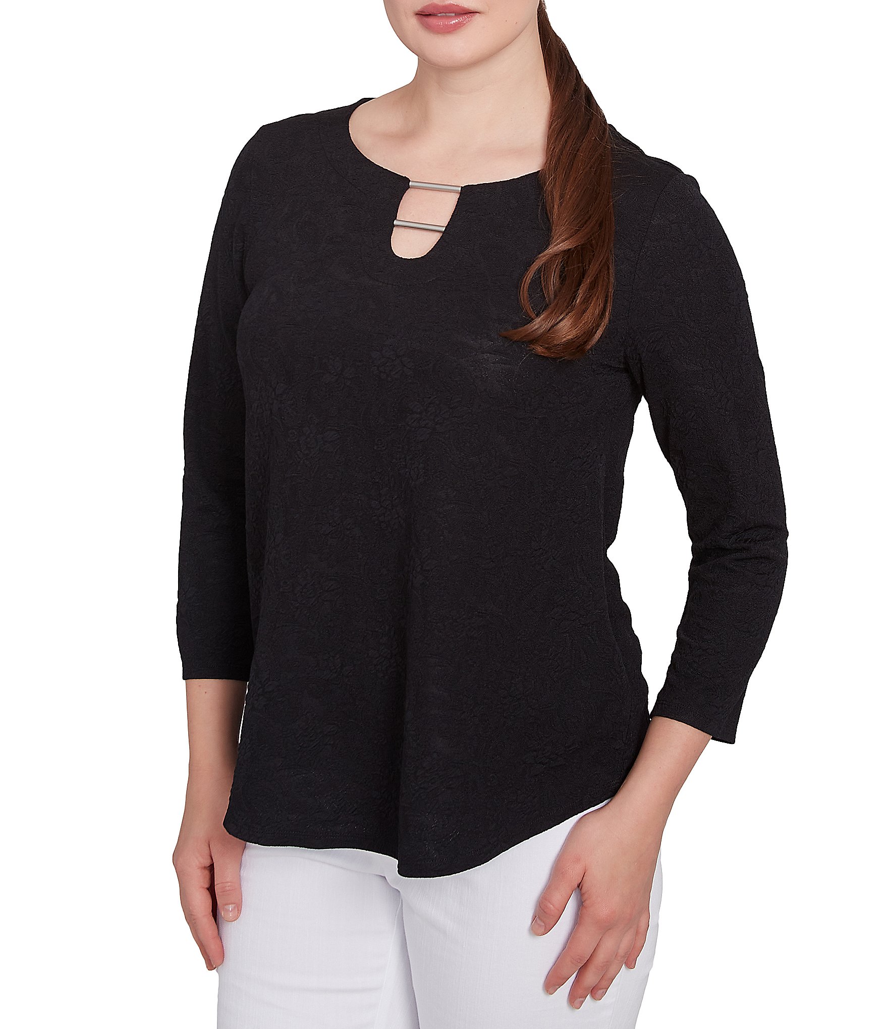 Ruby Rd. Solid Paisley Floral Textured Knit Double Bar Detail Top | Dillard's