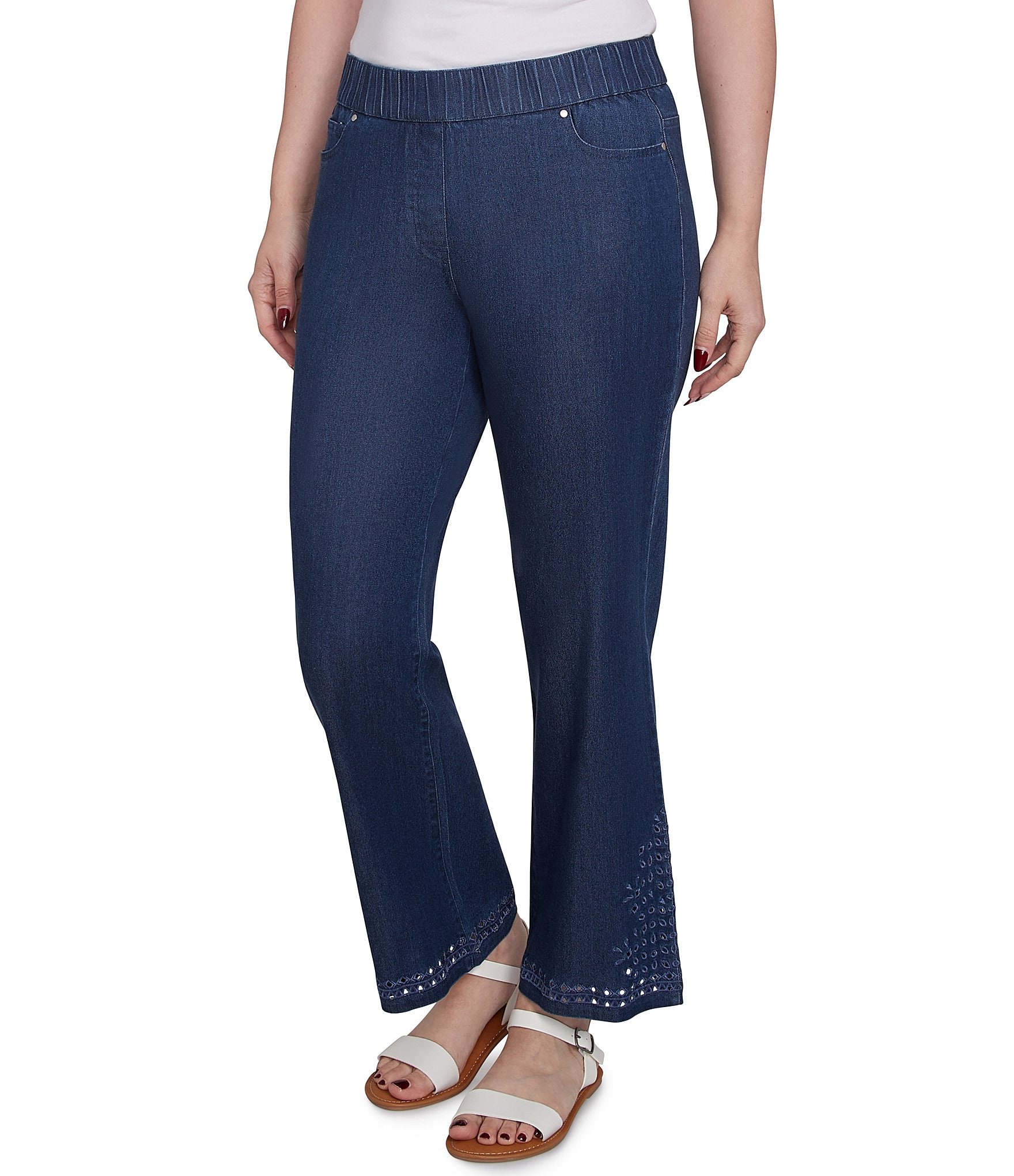 Ruby Rd. Straight Leg Embroidered Eyelet Hem Pull-On Jeans | Dillard's