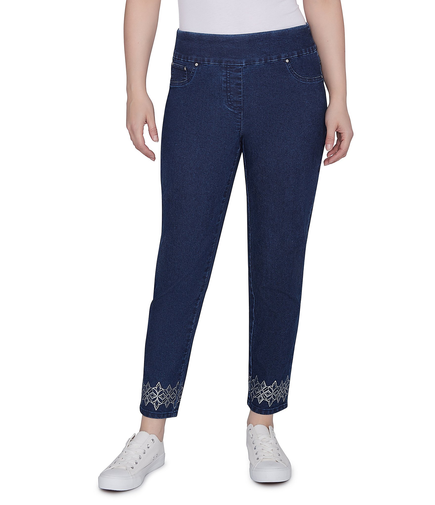 Ruby Rd. Straight Leg Printed Hem Pull-On Ankle Jeans | Dillard's
