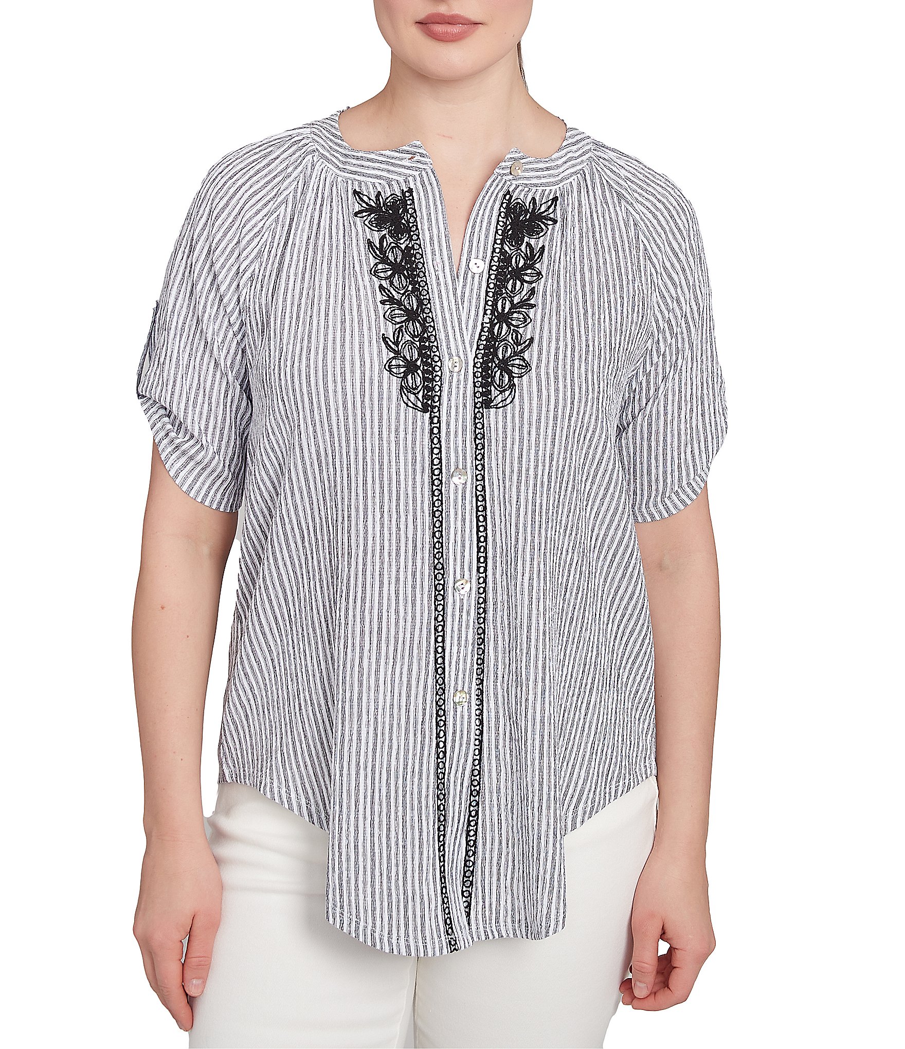 Ruby Rd. Super Soft Puckered Embroidered Stripe Short Roll-Tab Button ...