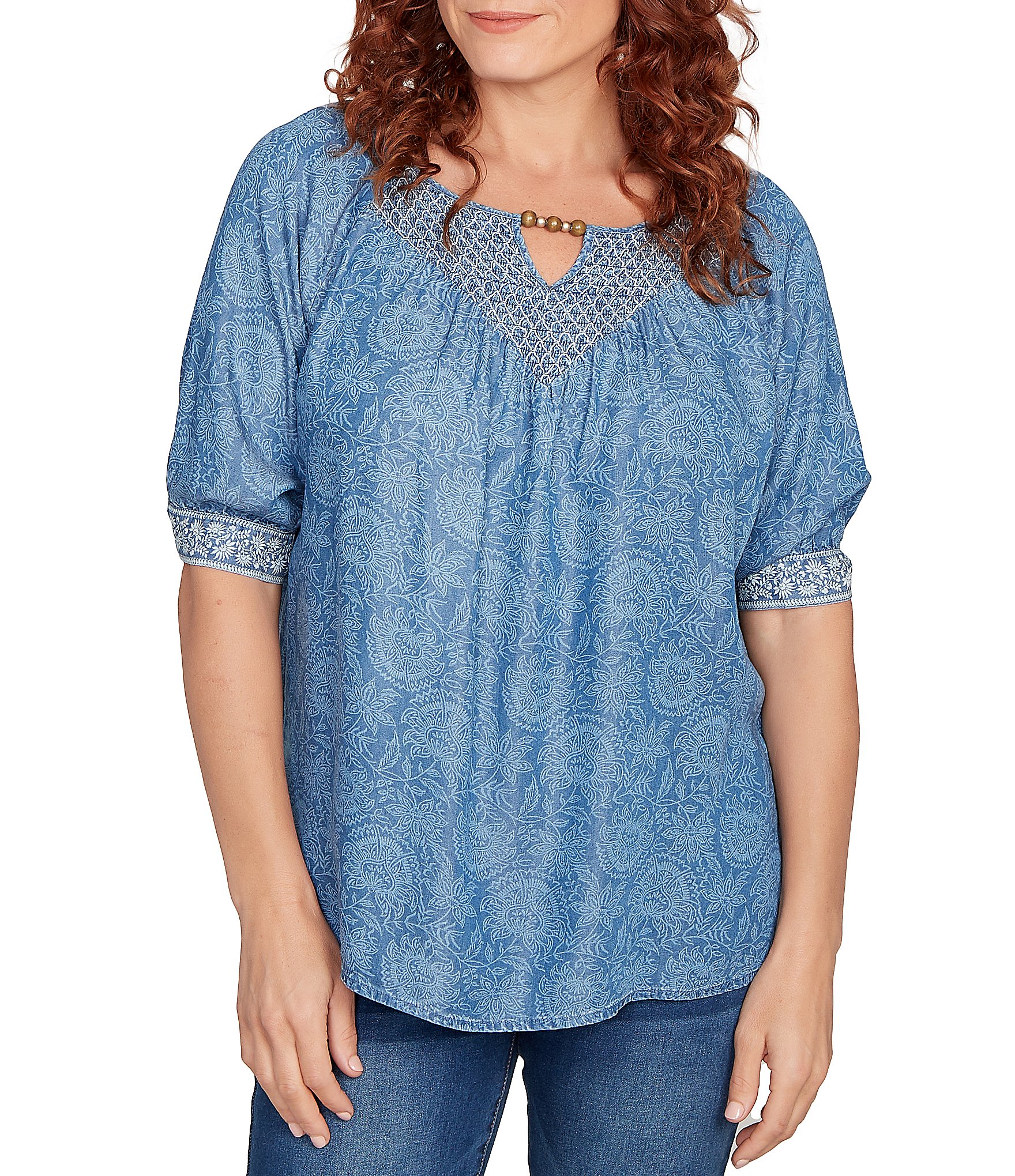 Ruby Rd. Tencel™ Embroidered Allover Printed Keyhole Neck Elbow Tie ...