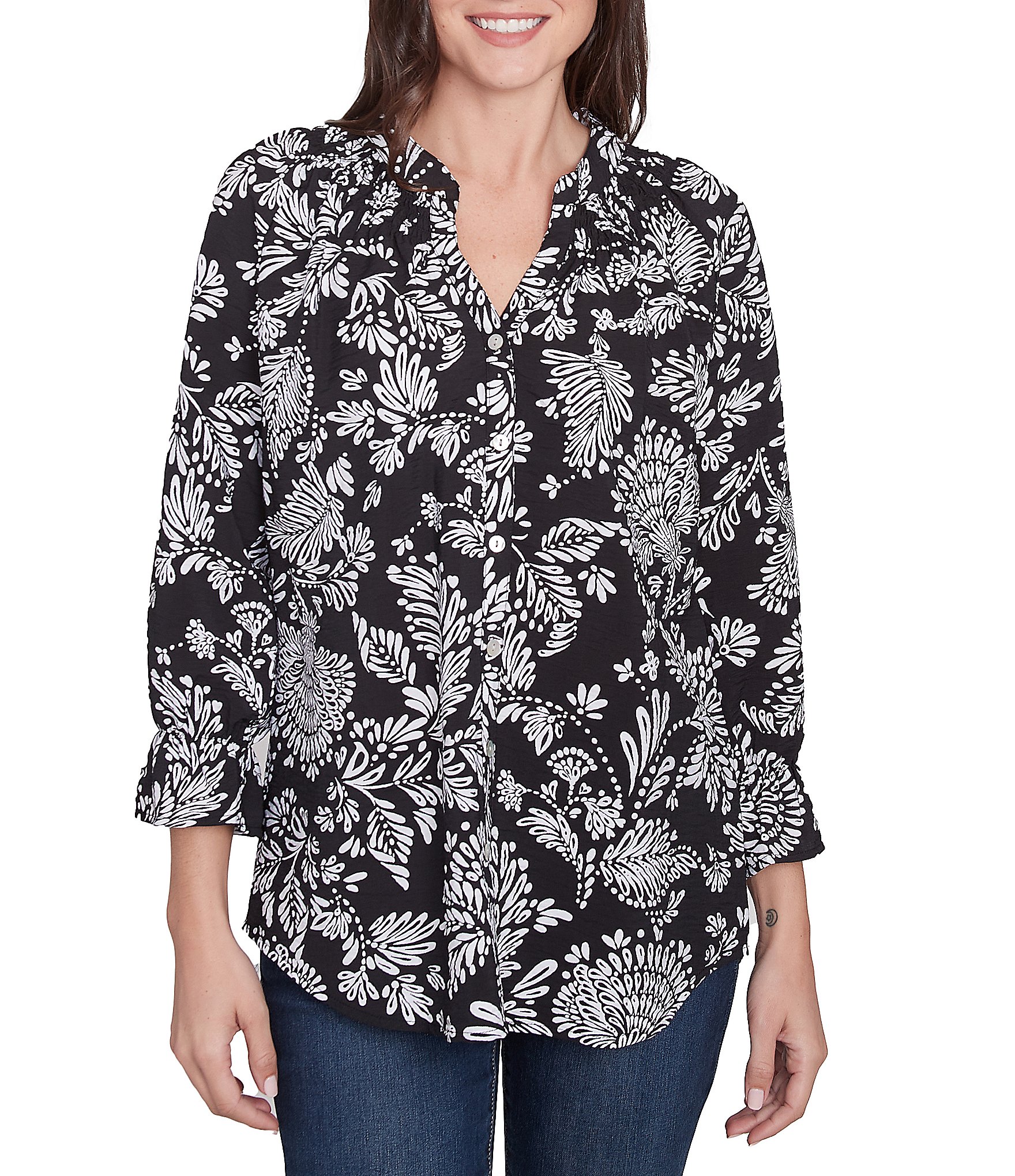 Ruby Rd. Woven Floral Mandarin Collar 3/4 Sleeve Button-Front Top ...