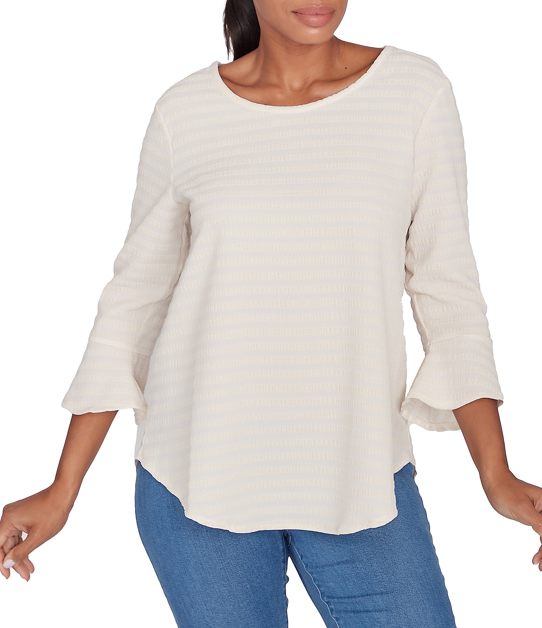 Ruby Rd Woven Luxe Crew Neck 3 4 Flounce Sleeve Smocked Stripe Top