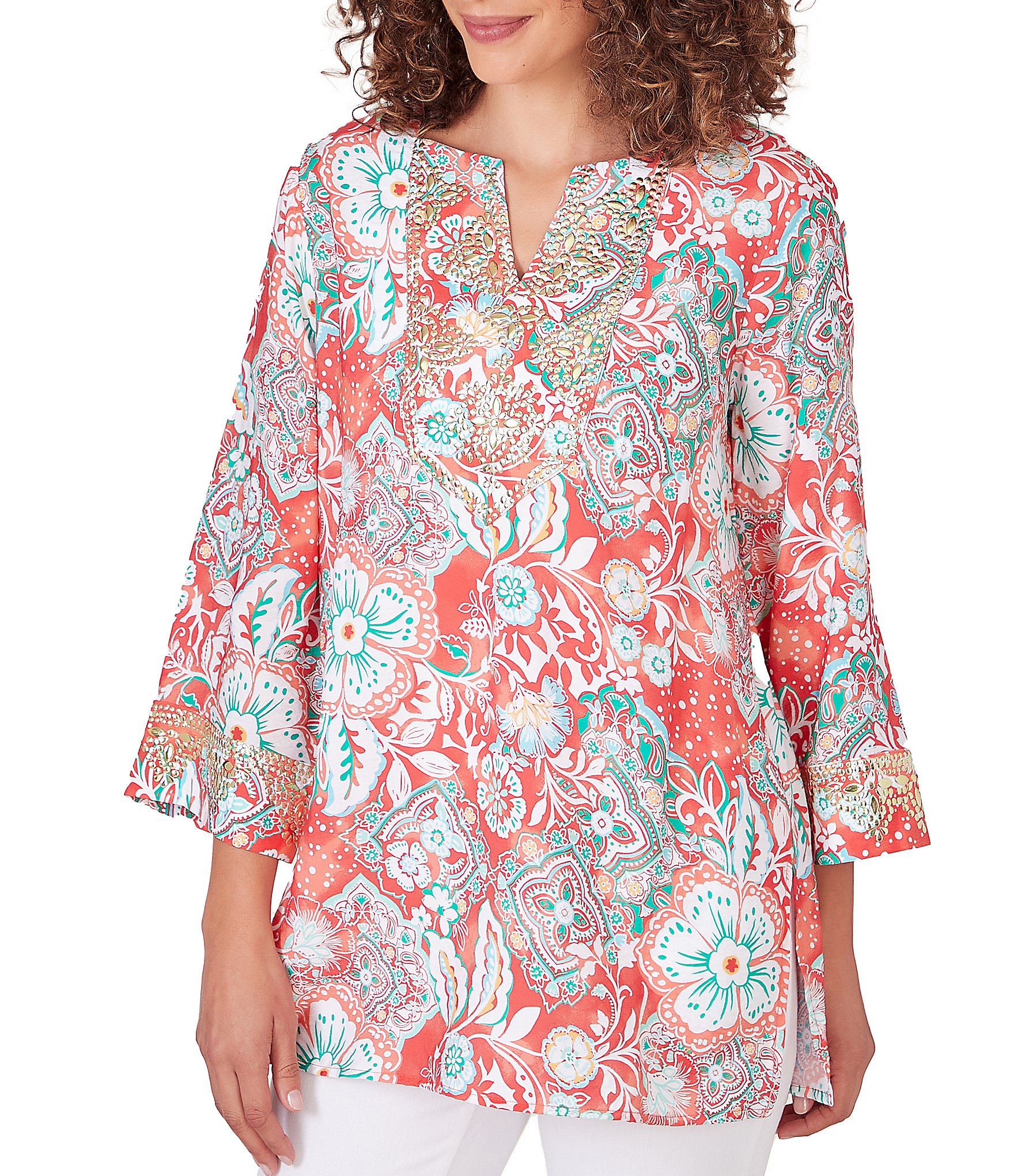 Ruby Rd. Woven Medallion Floral Split V-Neck 3/4 Sleeve Voile Top ...