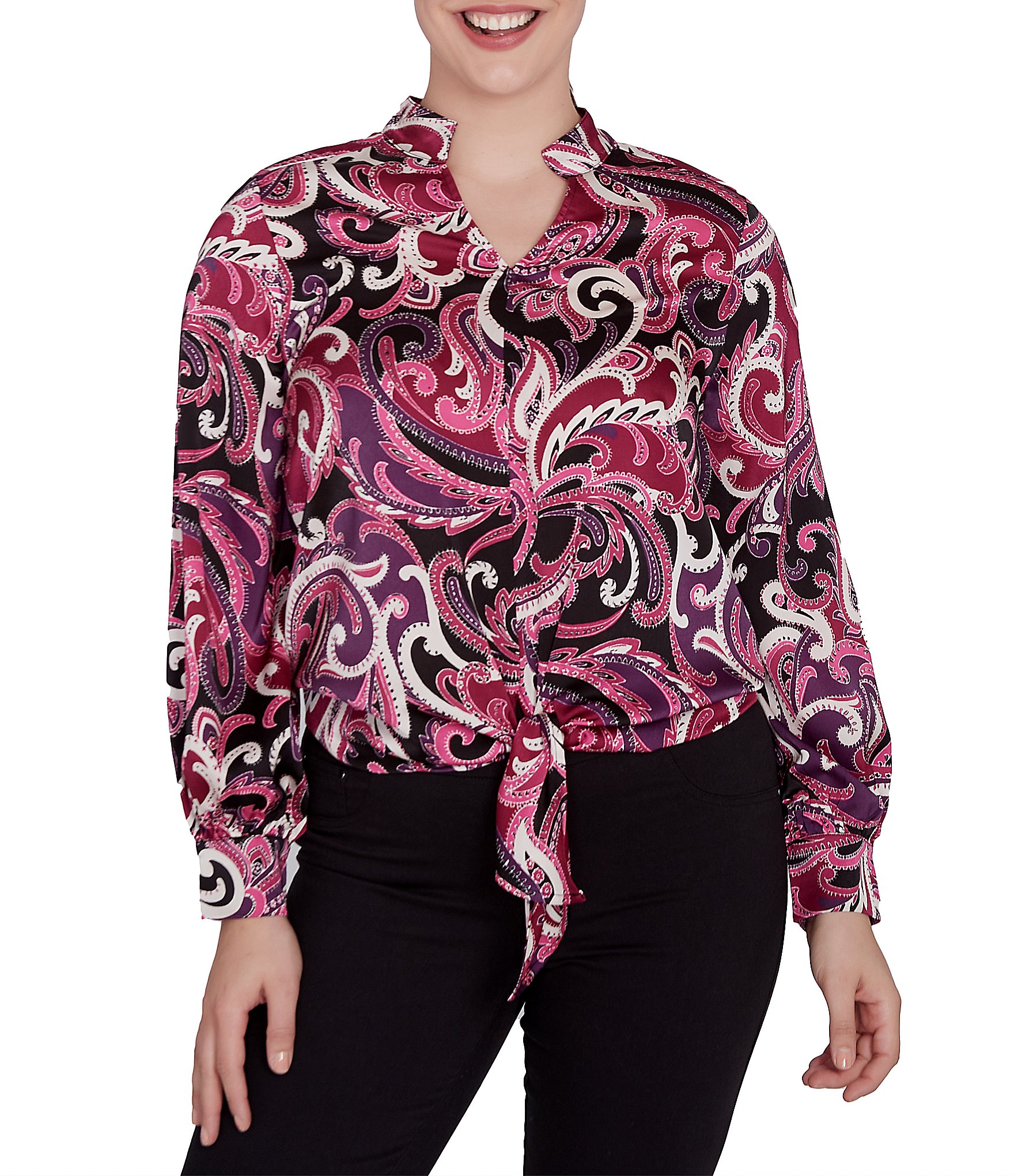 Ruby Rd. Woven Paisley Split V-Neck Long Sleeve Tie-Front Top | Dillard's