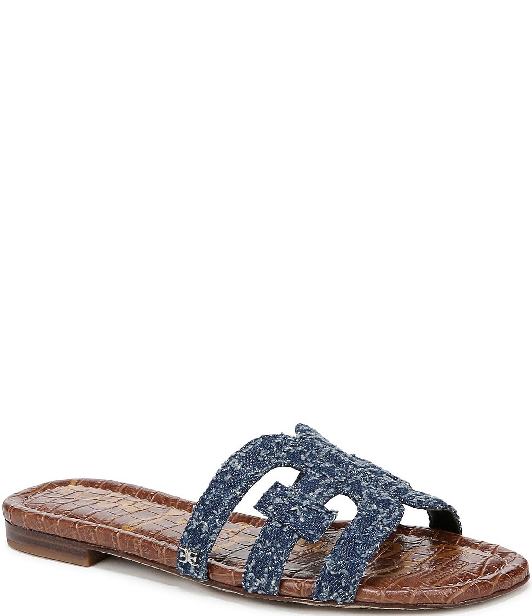 Sam Edelman Bay Distressed Denim Double E Logo Detail Slide Sandals ...