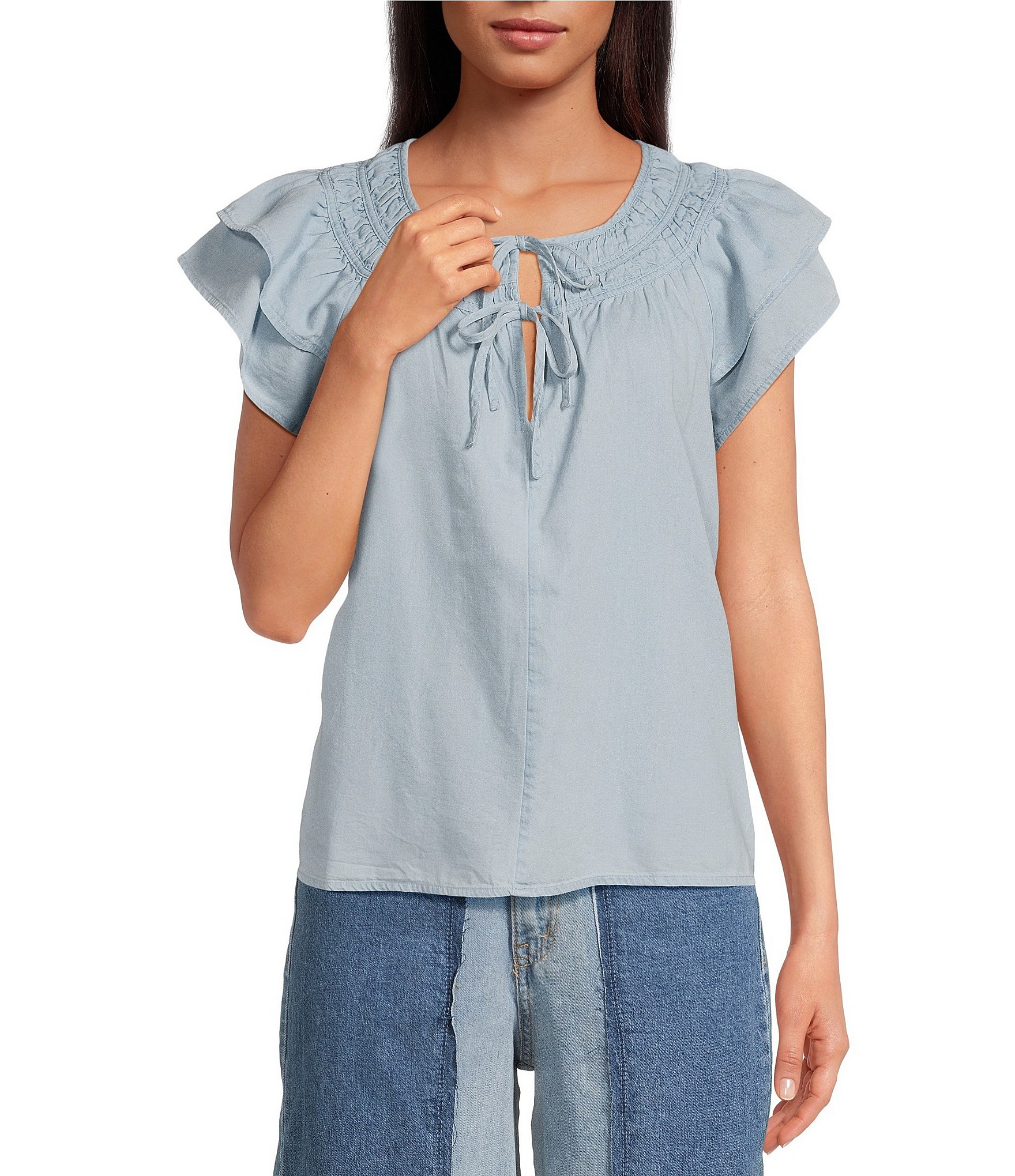 Sam Edelman Tabitha Split V-Neck Short Ruffle Sleeve Top | Dillard's