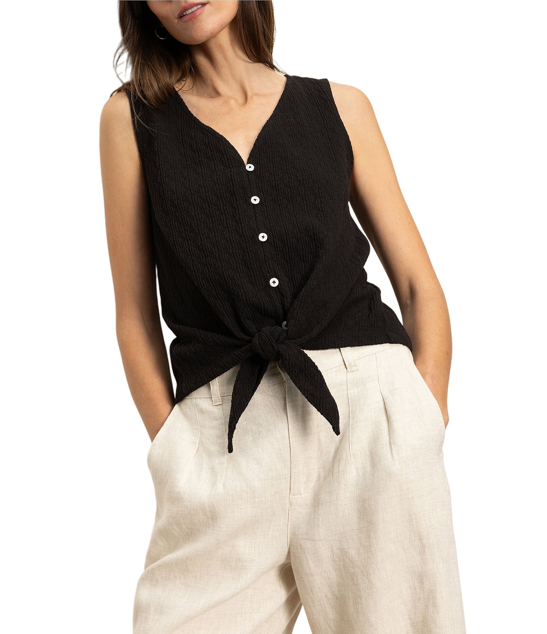Sanctuary Textured Knit V-Neck Sleeveless Button Tie-Front Shell Top ...