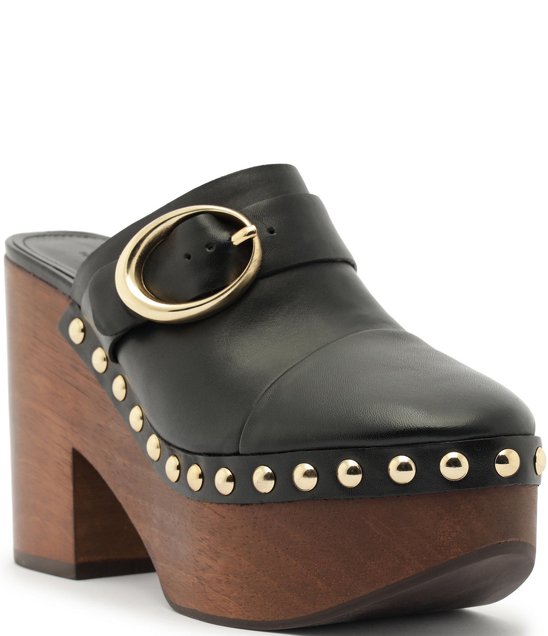 Schutz Piper Leather Studded Buckle Detail Block Heel Platform Clogs ...