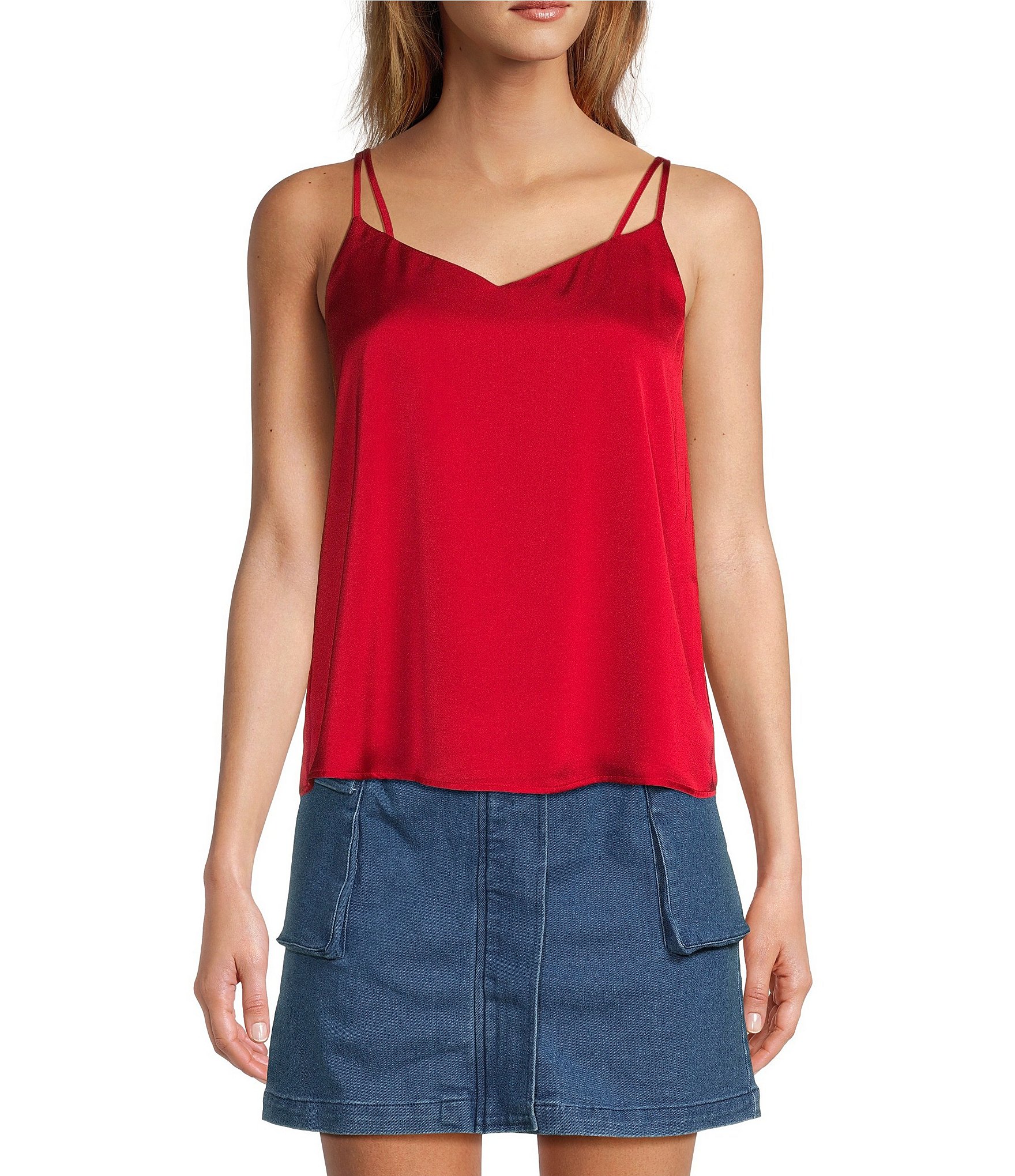 Skies Are Blue Satin V Neck Sleeveless Double Strap Tank Top Dillards